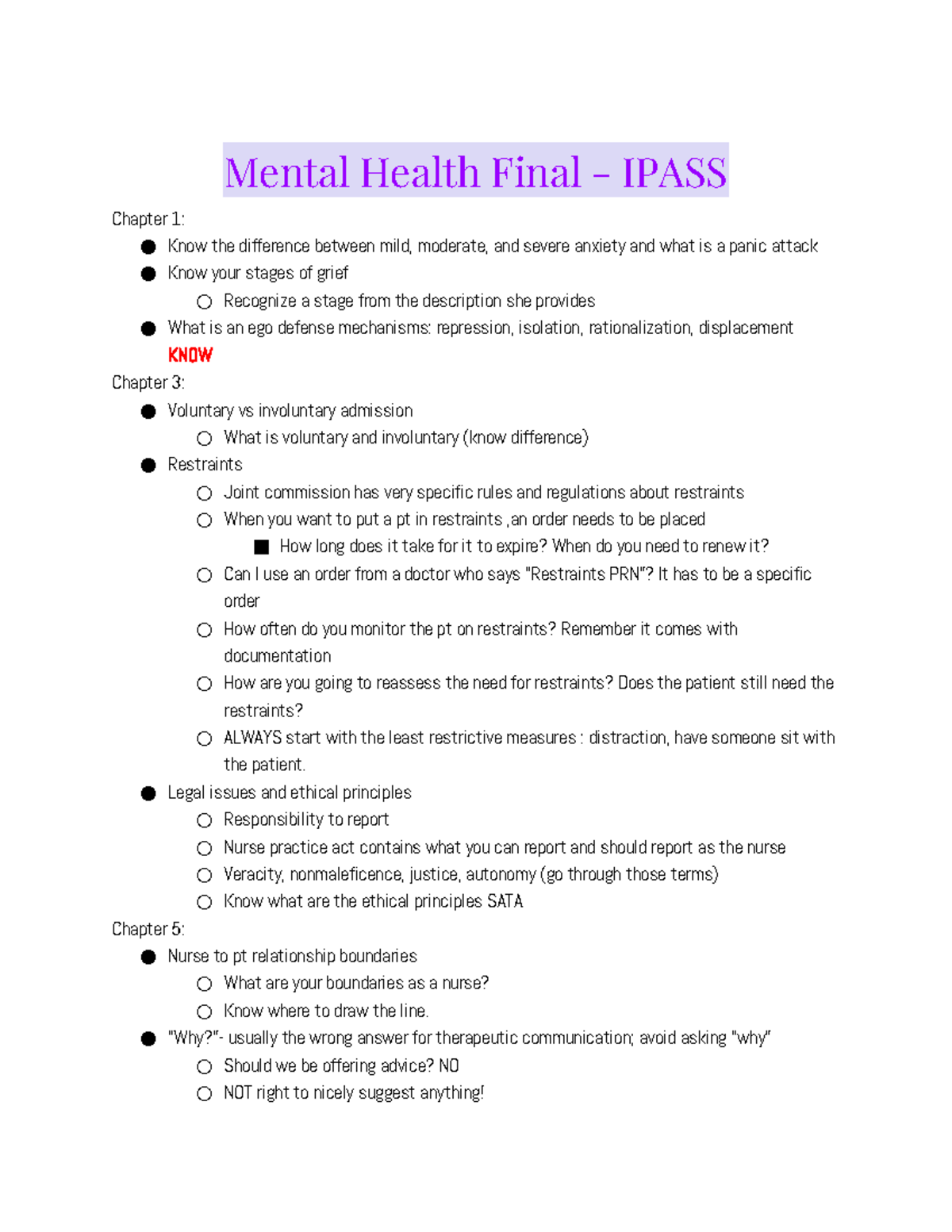 Final Mental Health Ipass - Mental Health Final - IPASS Chapter 1: Know ...