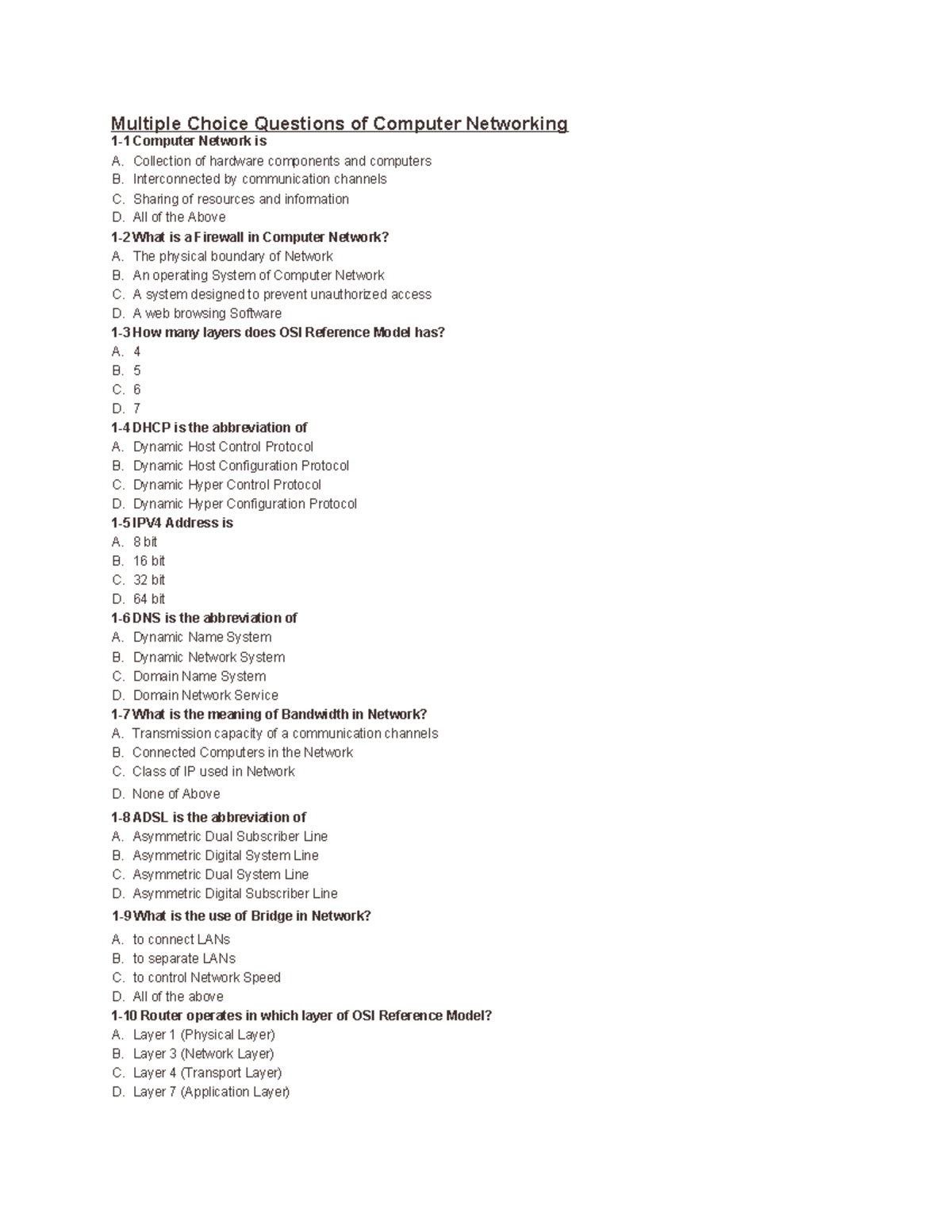 Pc Network question - YES - Multiple Choice Questions of Computer Networking 1-1 Computer ...
