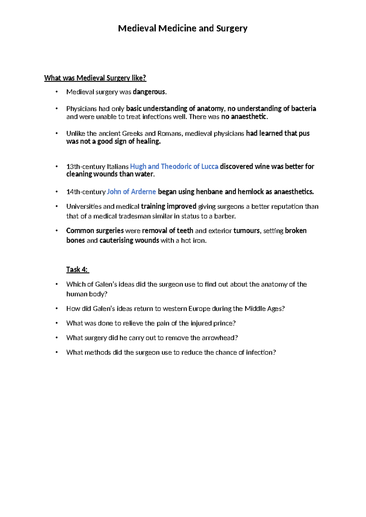 Lesson 3 Task Sheet - Medieval Medicine and Surgery What was Medieval ...