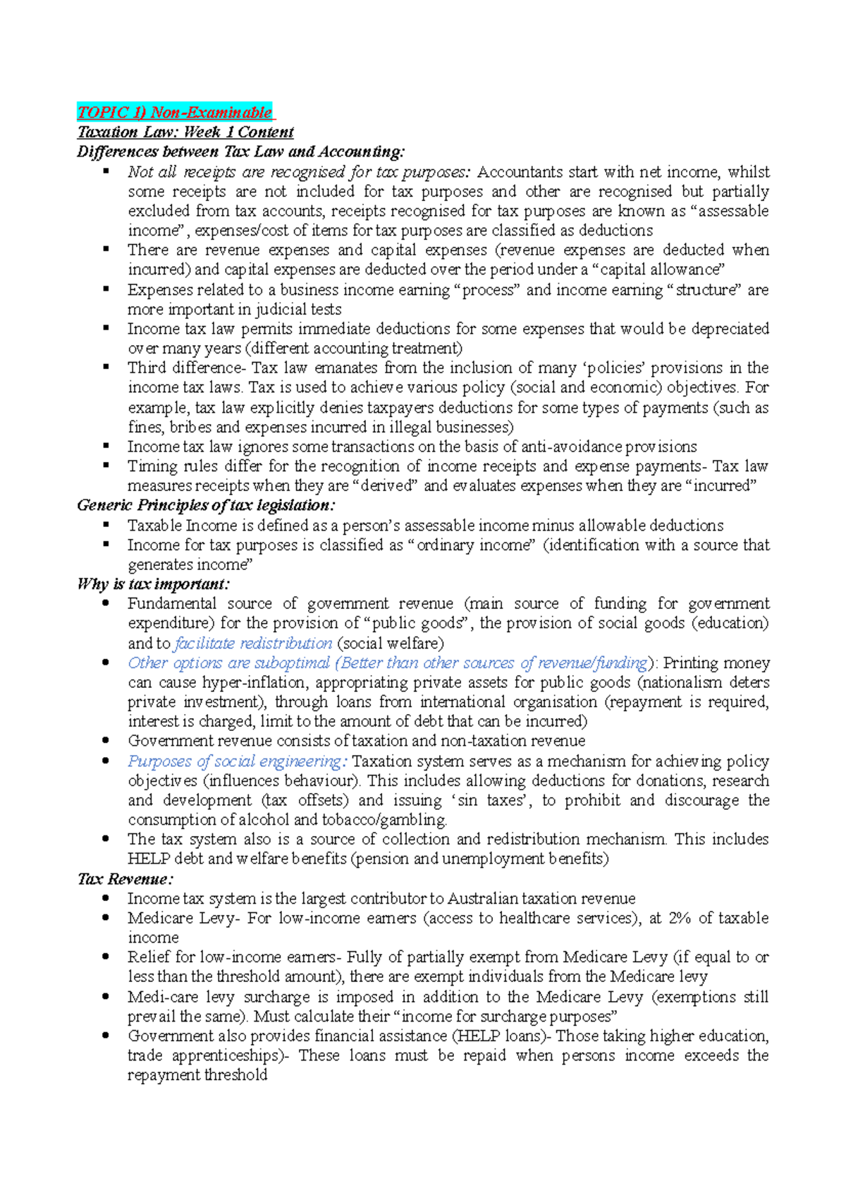 Taxation Law Notes TOPIC 1 Non Examinable Taxation Law Week 1
