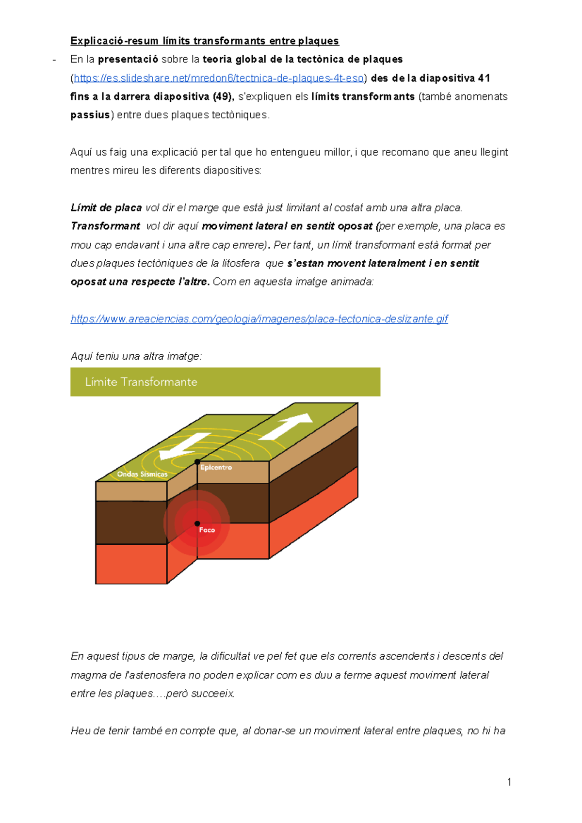 Explicació-resum límits transformants entre plaques - Explicació-resum ...