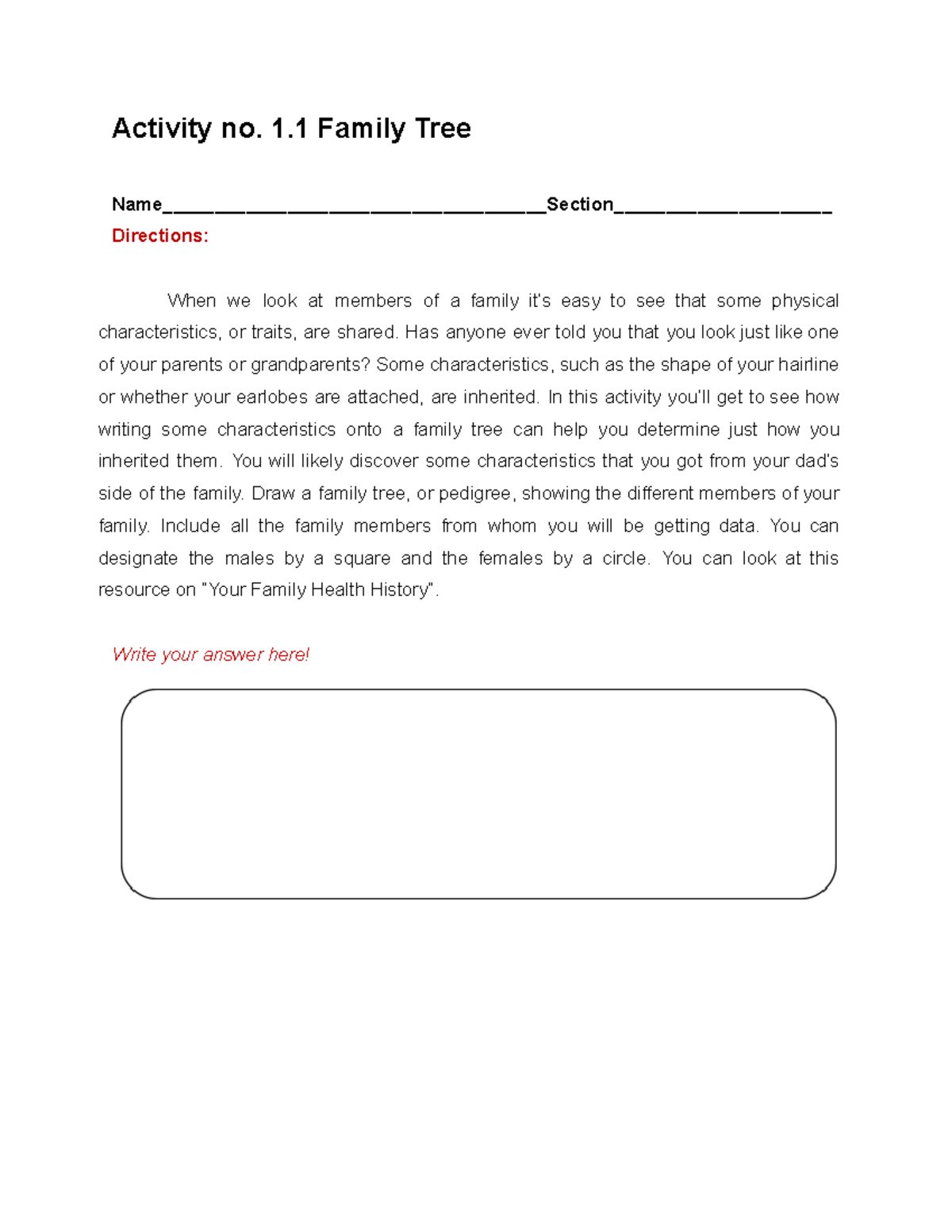 Activity no. 1.1 Family Tree - Activity no. 1 Family Tree - Studocu