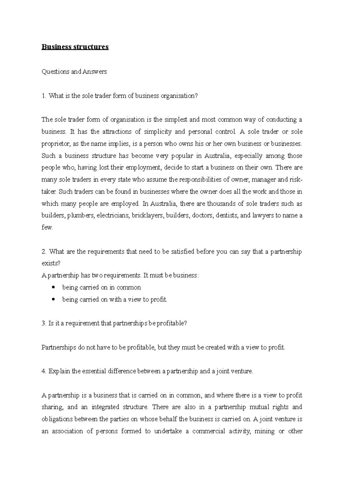 Business structures - questions and answers - Business structures ...