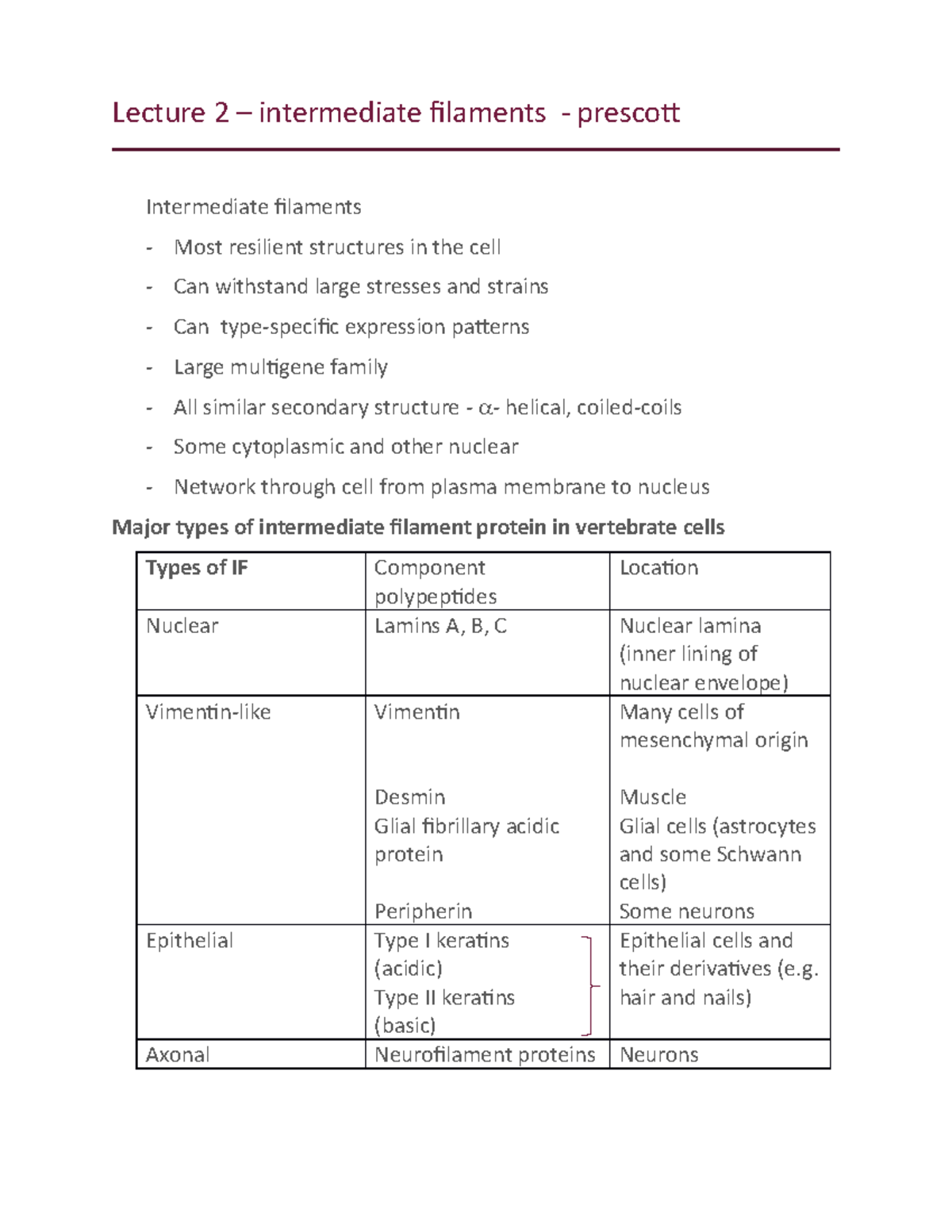 Lecture 2: Intermediate Filaments - Studocu
