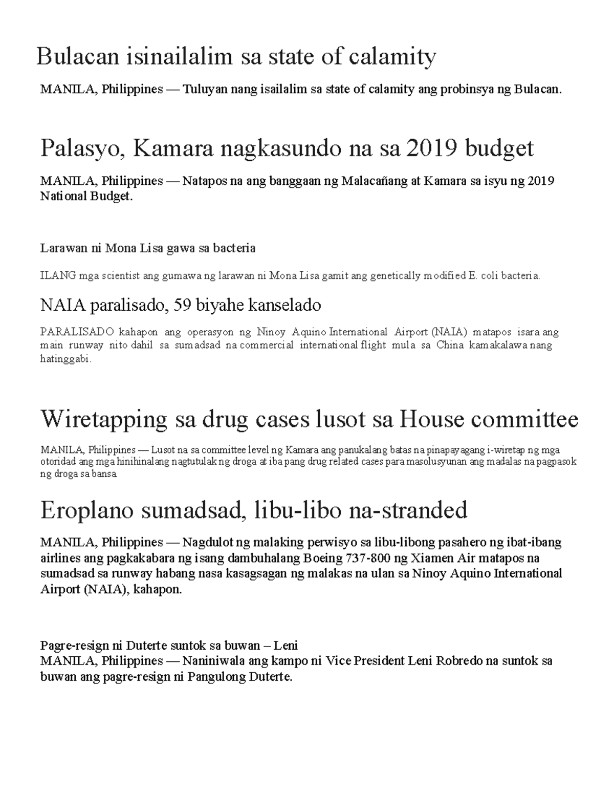 Headline exercise 2018 - Bulacan isinailalim sa state of calamity ####### MANILA, Philippines ...