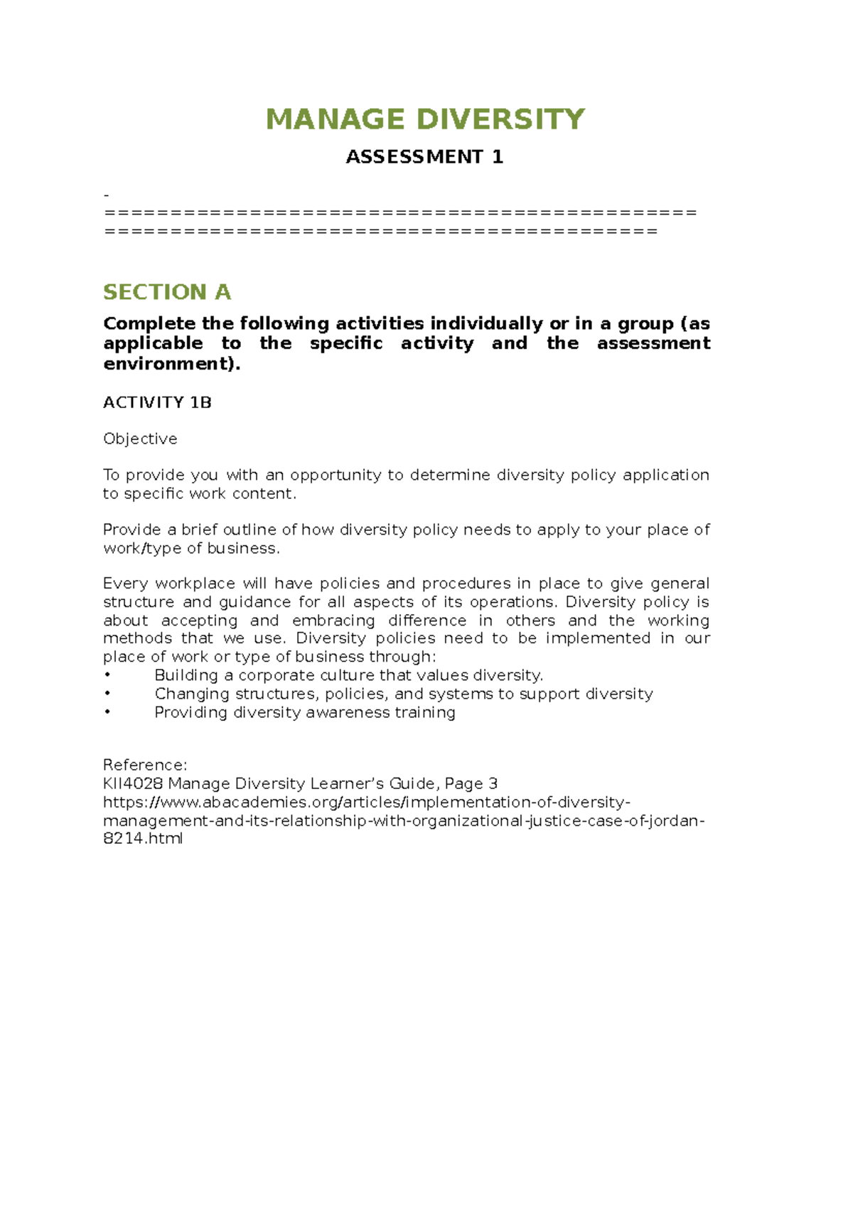 Manage Diversity Assessment 1 Section 1 Activity 1B - MANAGE DIVERSITY ...