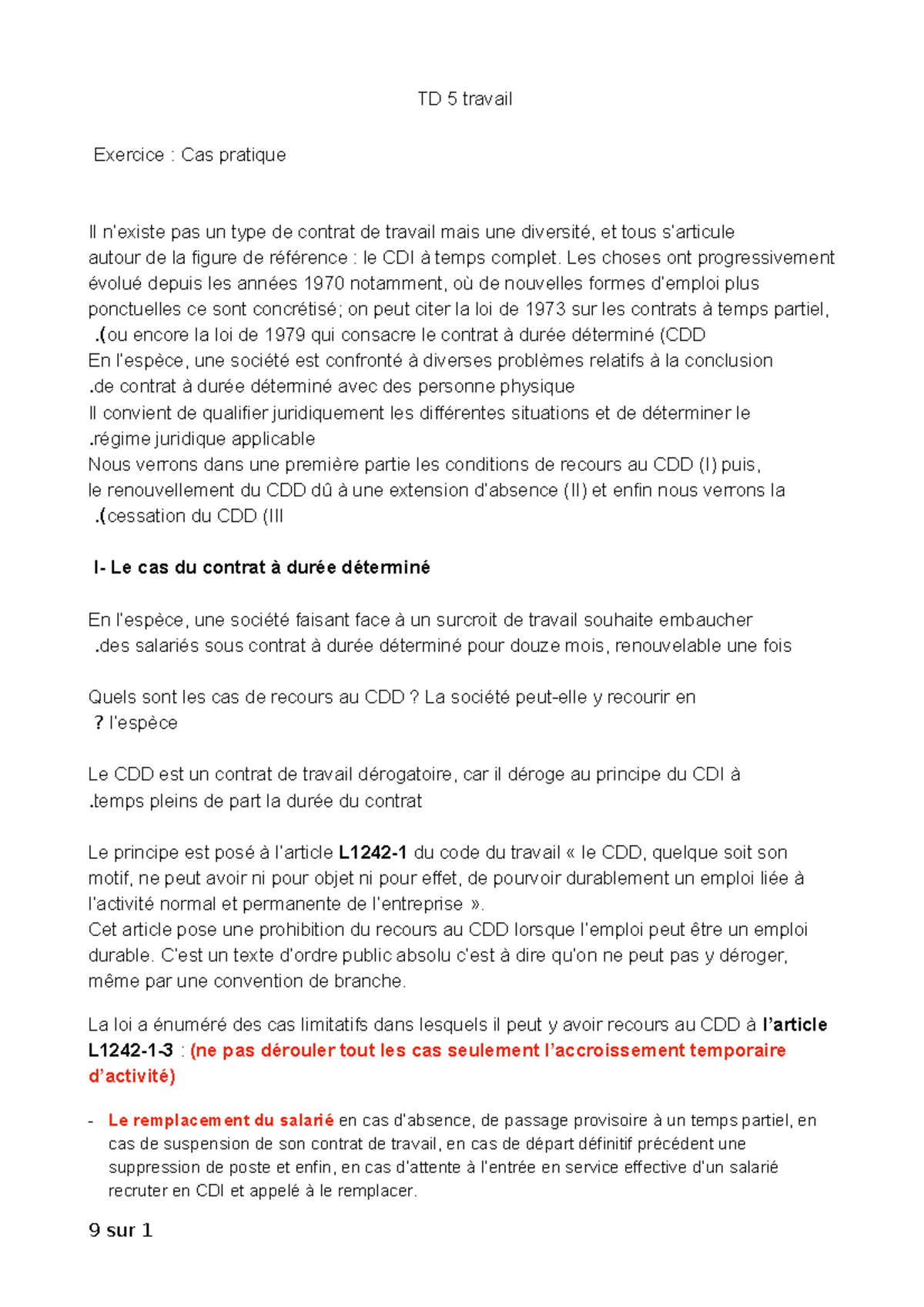 TD droit travail L3S1 - TD 5 travail Exercice : Cas pratique Il n ...