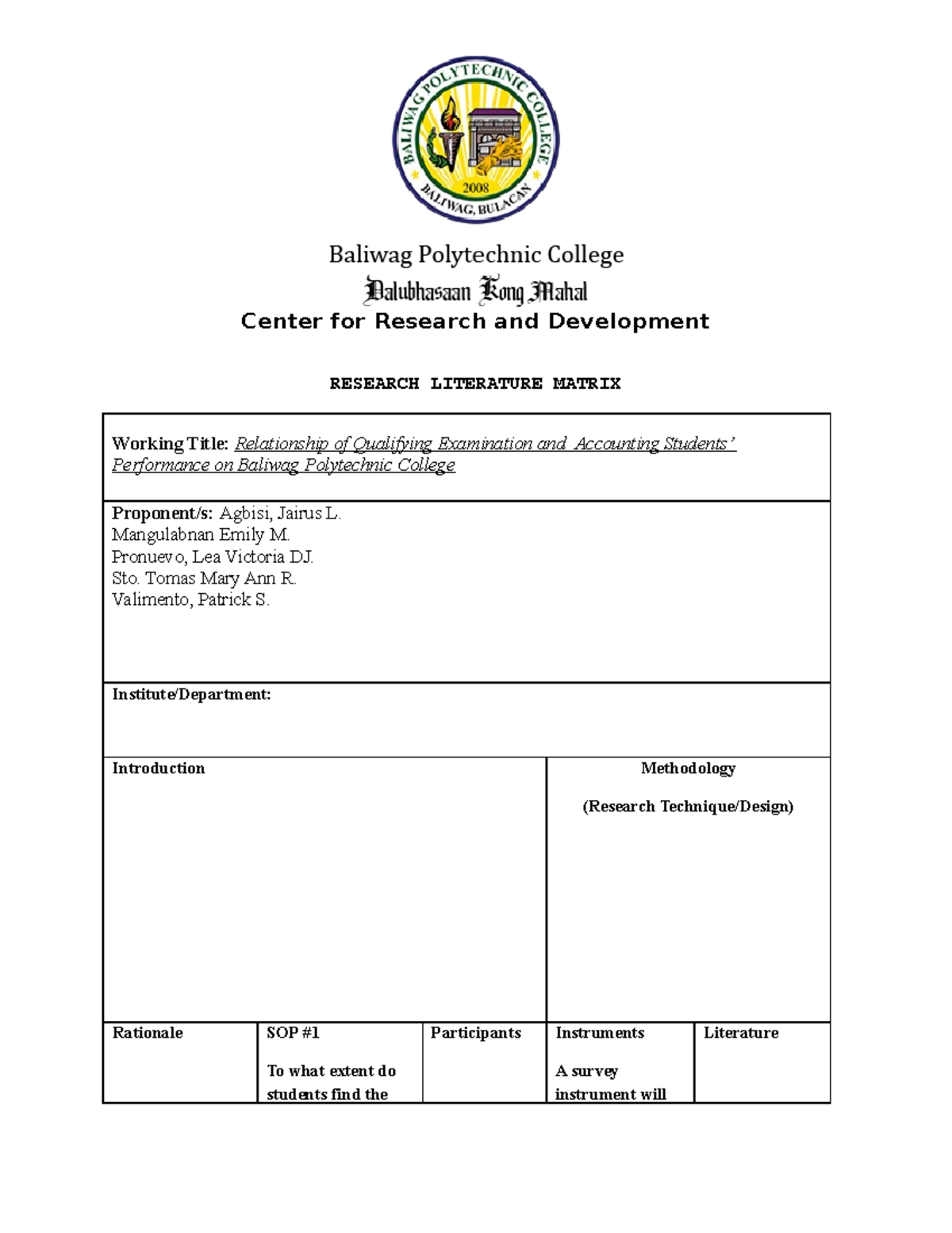 Group 6 matrix - Center for Research and Development RESEARCH ...