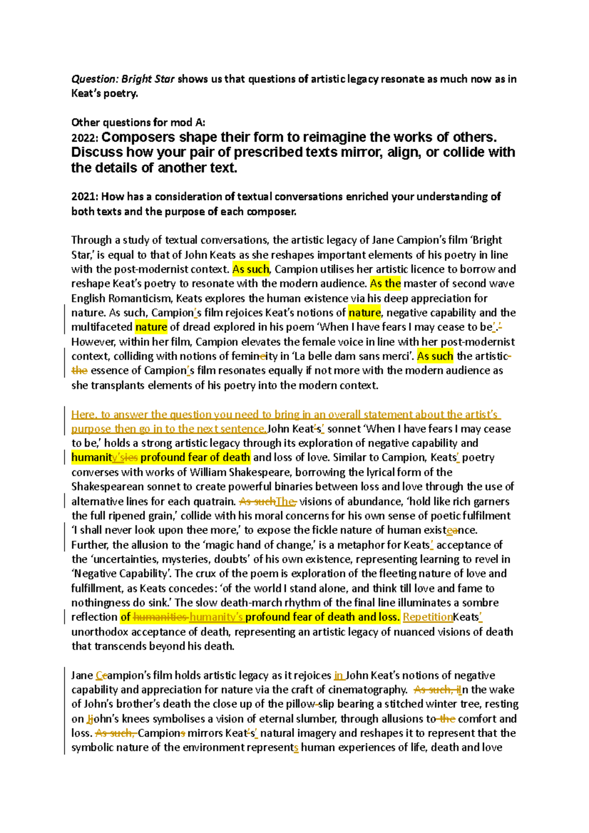 Keats:Campion final version - Question: Bright Star shows us that ...