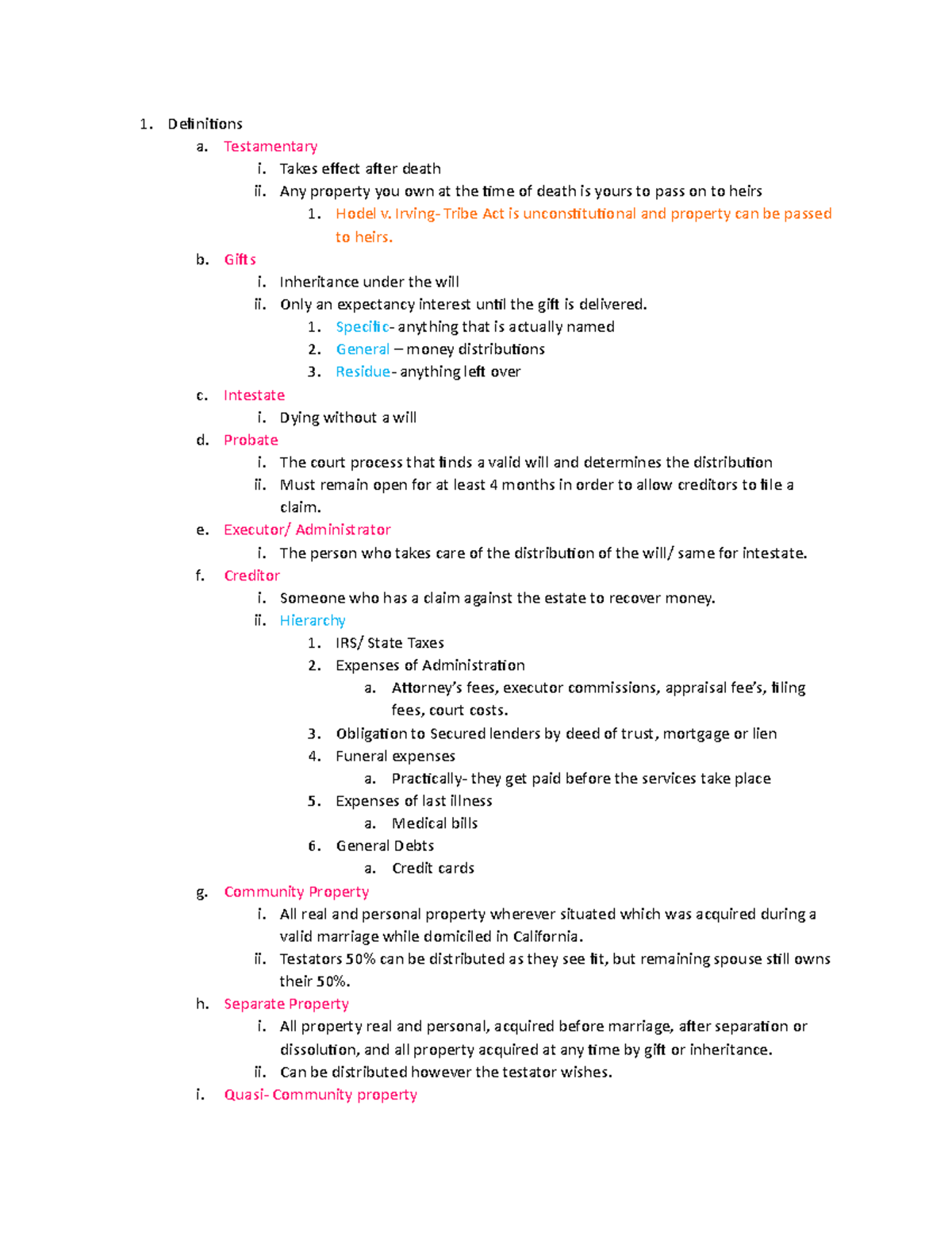 Wills and Trust Outline for exams - Definitions a. Testamentary i ...