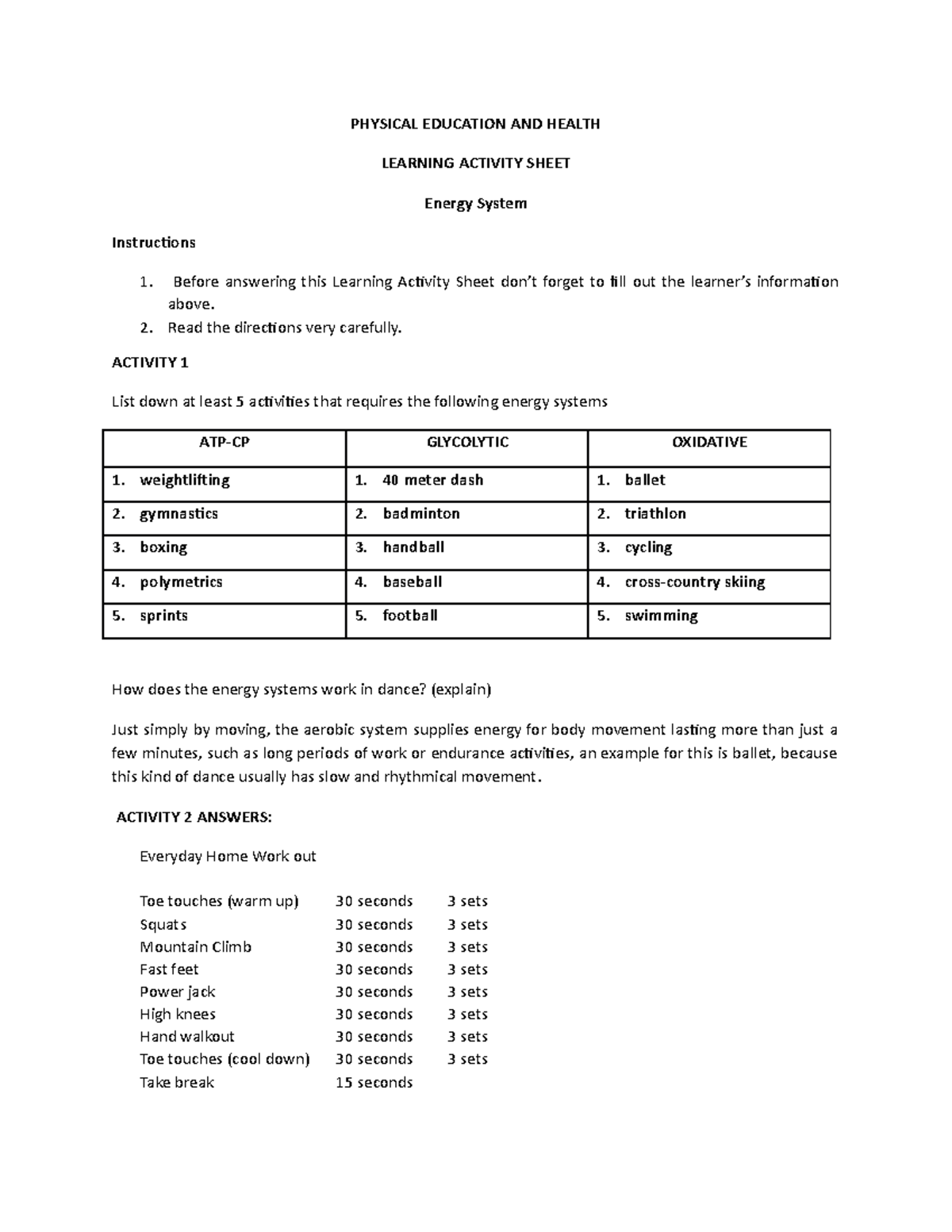 Physical education and Health Learning Activity 1 - PHYSICAL EDUCATION ...