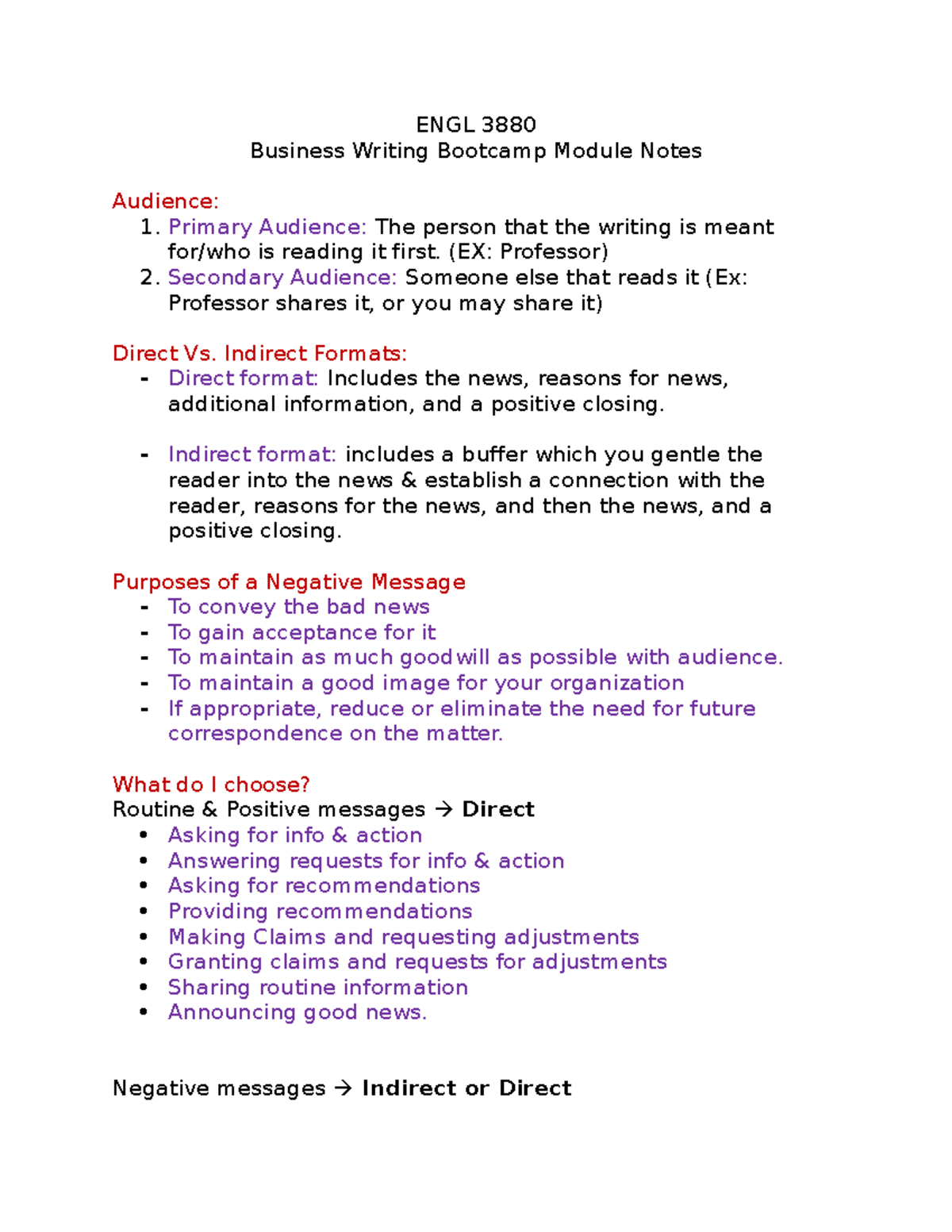 Business Writing Bootcamp Module Notes - ENGL 3880 Business Writing ...