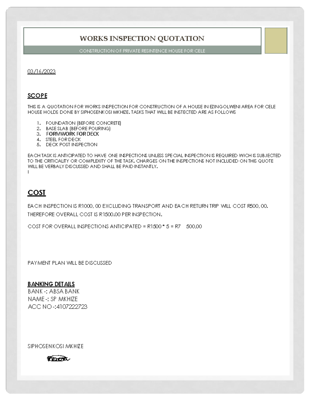 Quotation FOR Works Inspection Sceptic TANK - WORKS INSPECTION ...