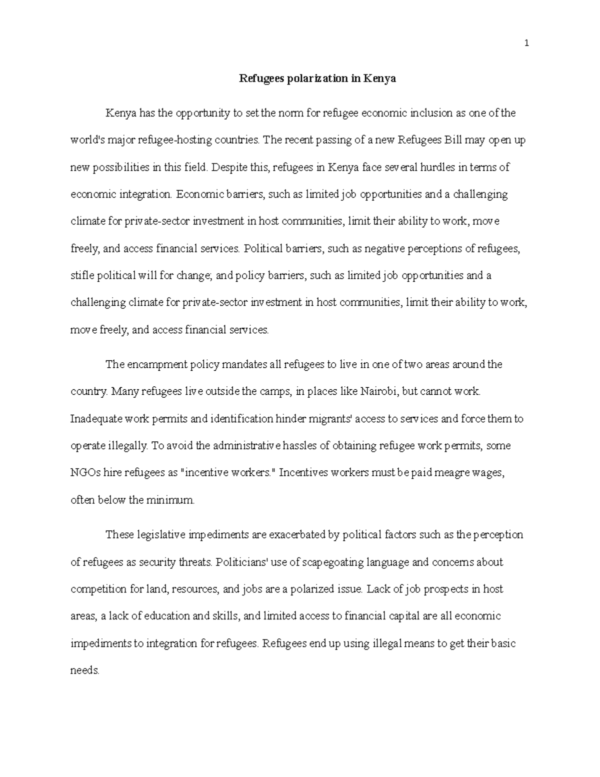 Essay - Refugees polarization in Kenya Kenya has the opportunity to set ...