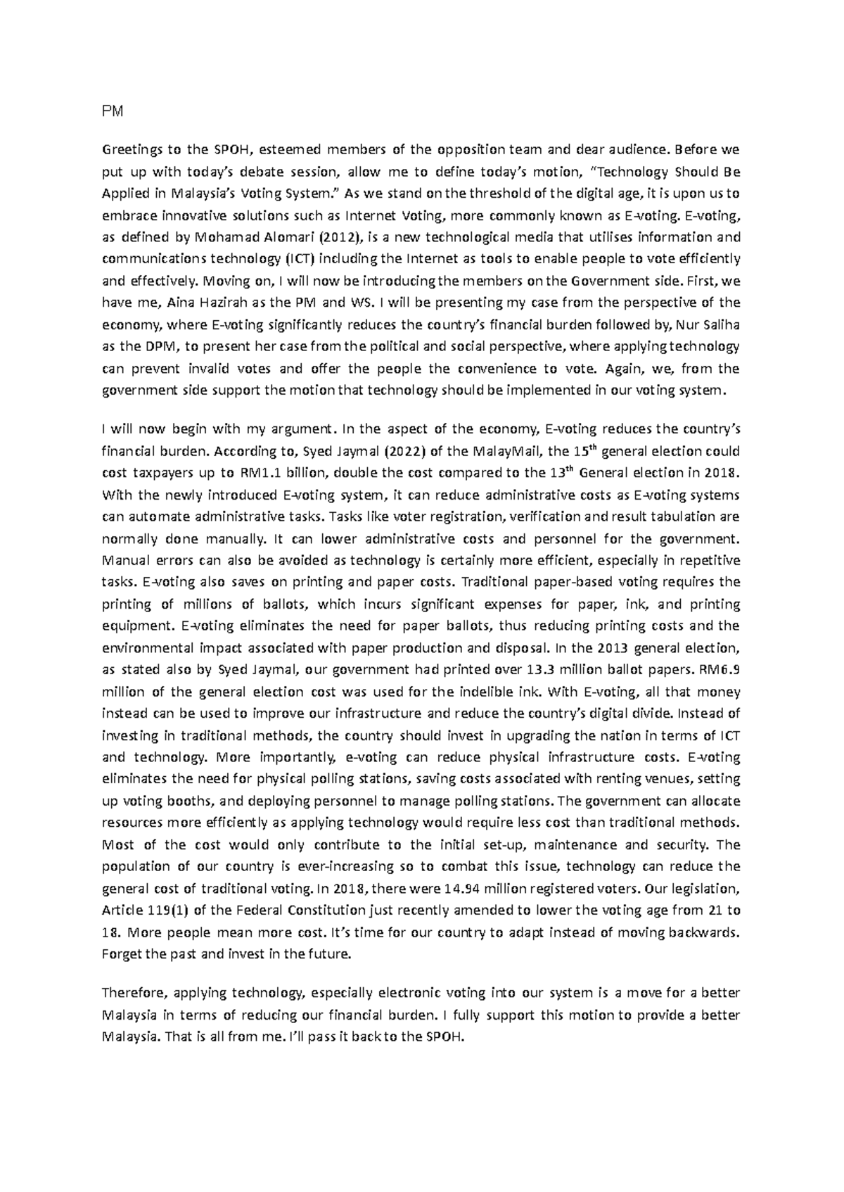 Script Mock Debate - PM Greetings to the SPOH, esteemed members of the ...