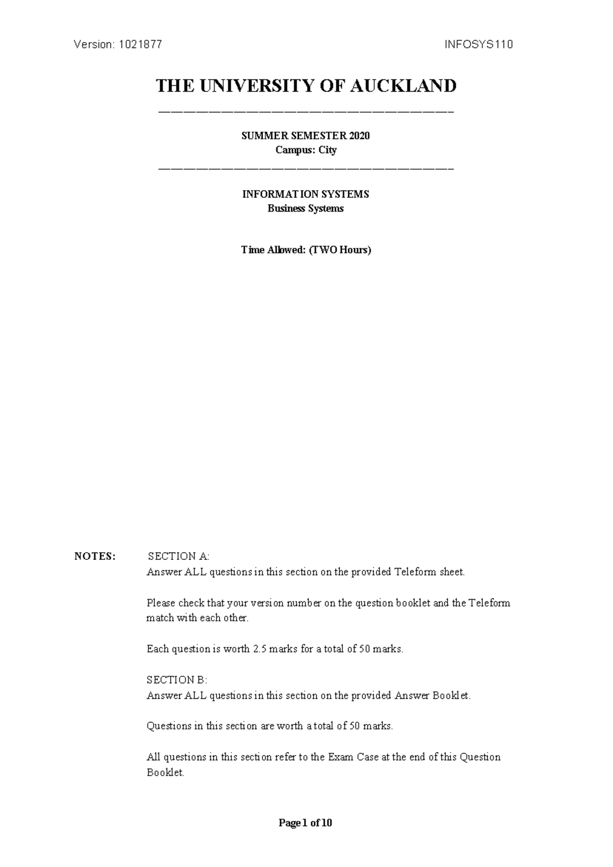 Exam Question Booklet SS 2020 - Version 1 - Updated with course code on ...
