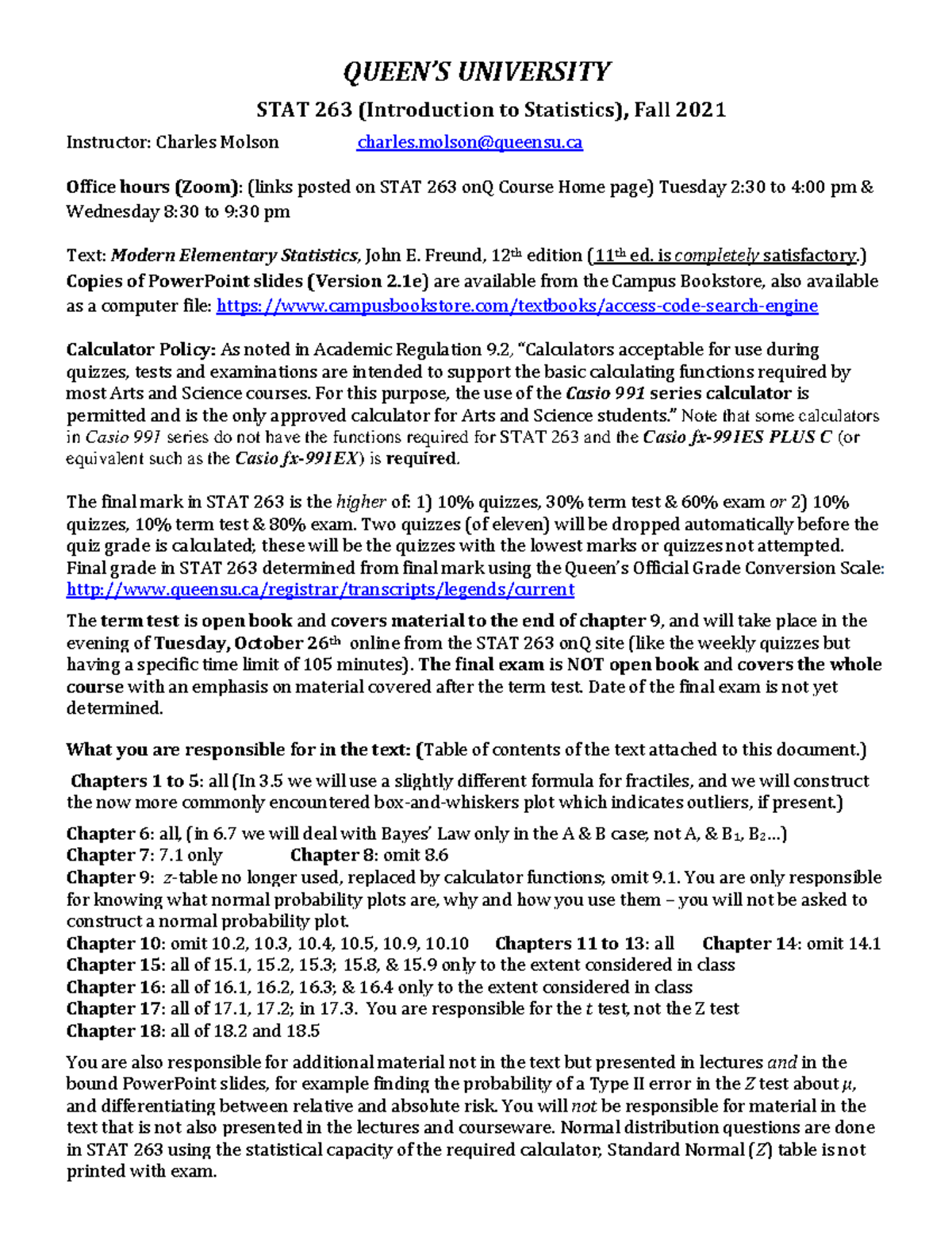 STAT263 Course Outline FALL 2021 - All Information - Stat 263 - Queensu ...