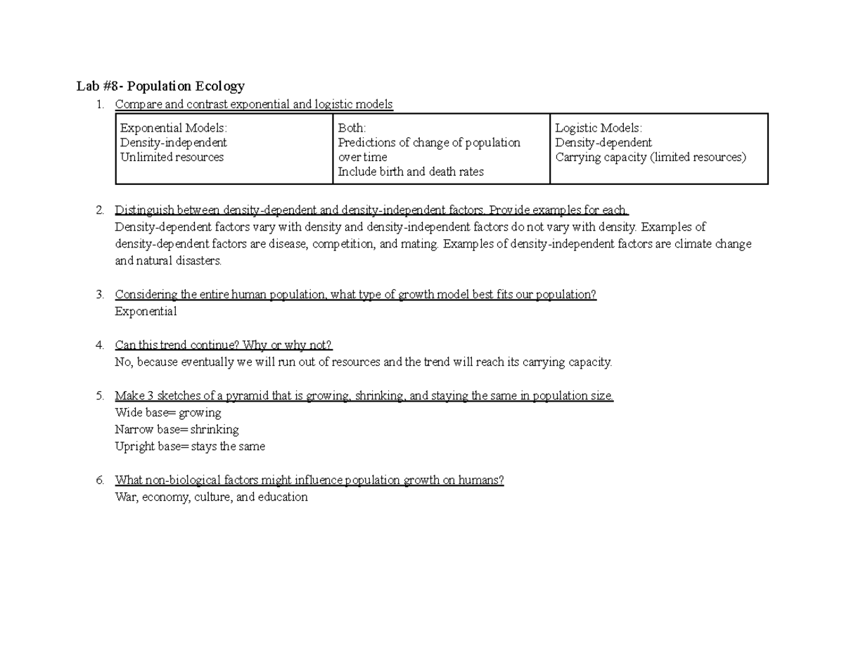 BIO Lab Exam - Lab exam study guide - Lab #8- Population Ecology ...