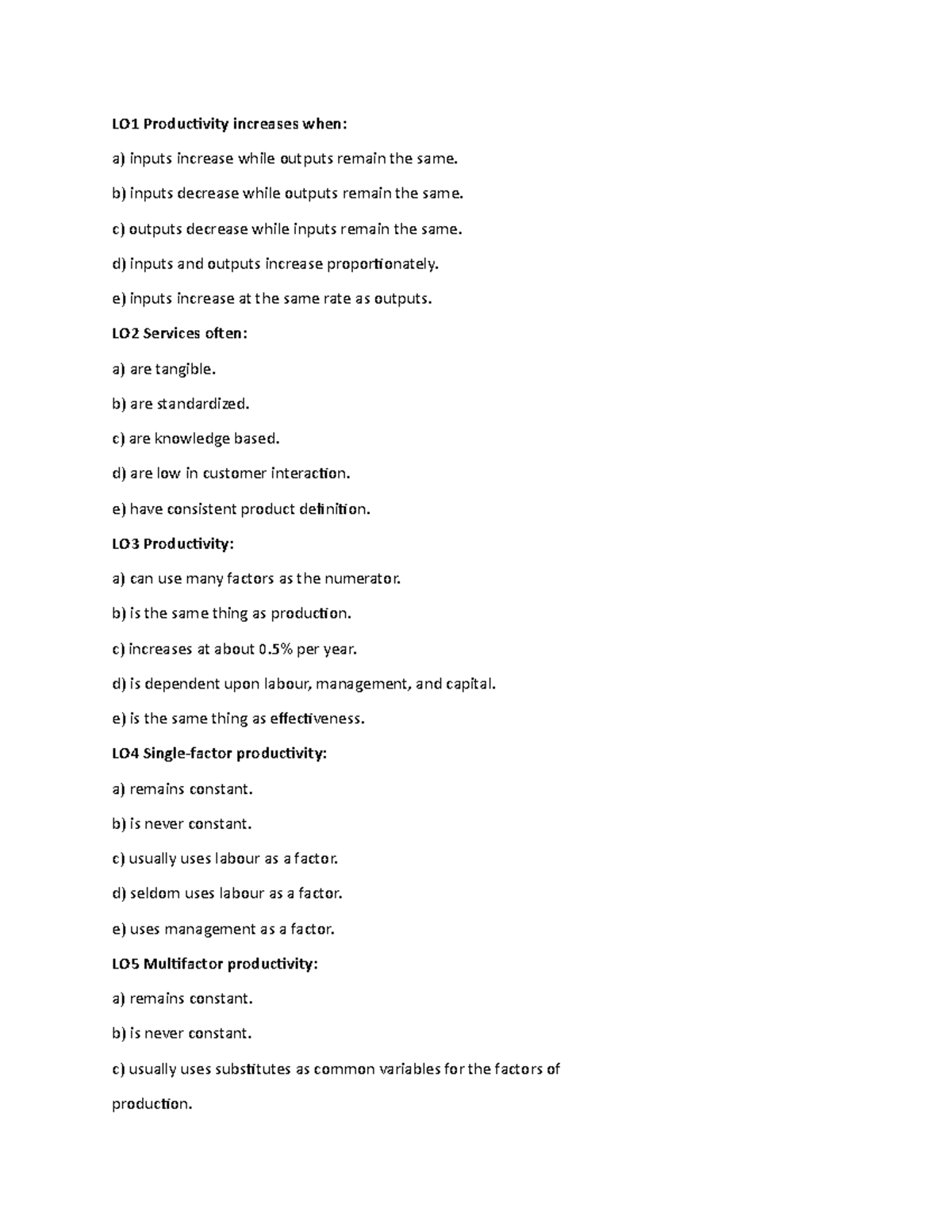 Operation Managment Chapter 1 Questions - LO1 Productivity increases ...