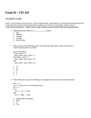 Cis165 exam1 dl - Question Paper - Exam I – CIS 165 STUDENT NAME: NOTE ...