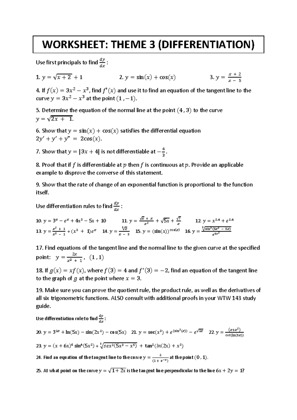 Worksheet ( Theme 3 Differentiation) - WORKSHEET: THEME 3 ...