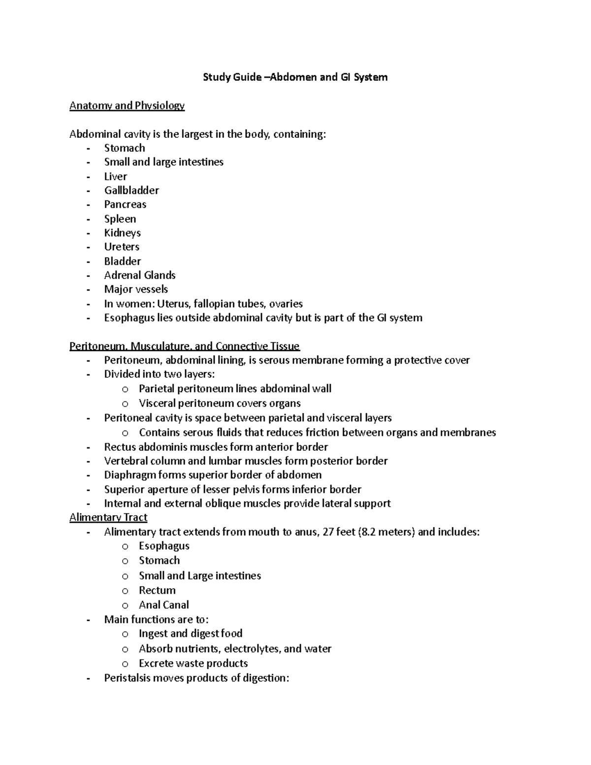 Study Guide Digestive and GI - Study Guide –Abdomen and GI System ...