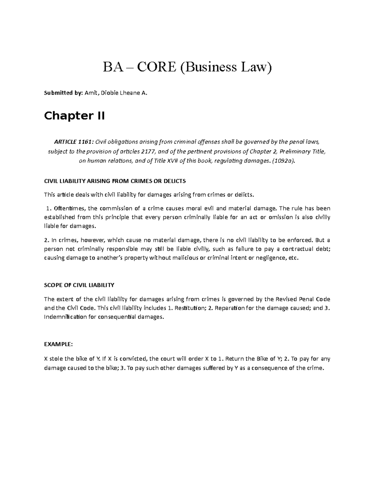 Chapter 2 - BA – CORE (Business Law) Submitted by: Amit, Diobie Lheane ...