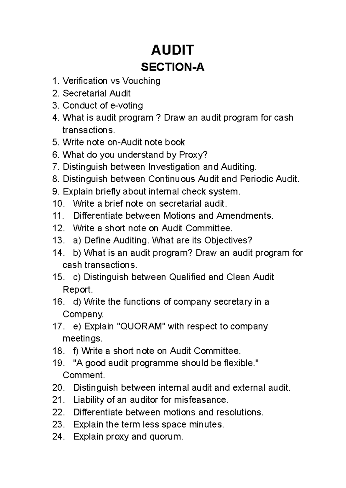 Audit - AUDIT SECTION-A 1. Verification vs Vouching 2. Secretarial Audit 3. Conduct of e-voting ...