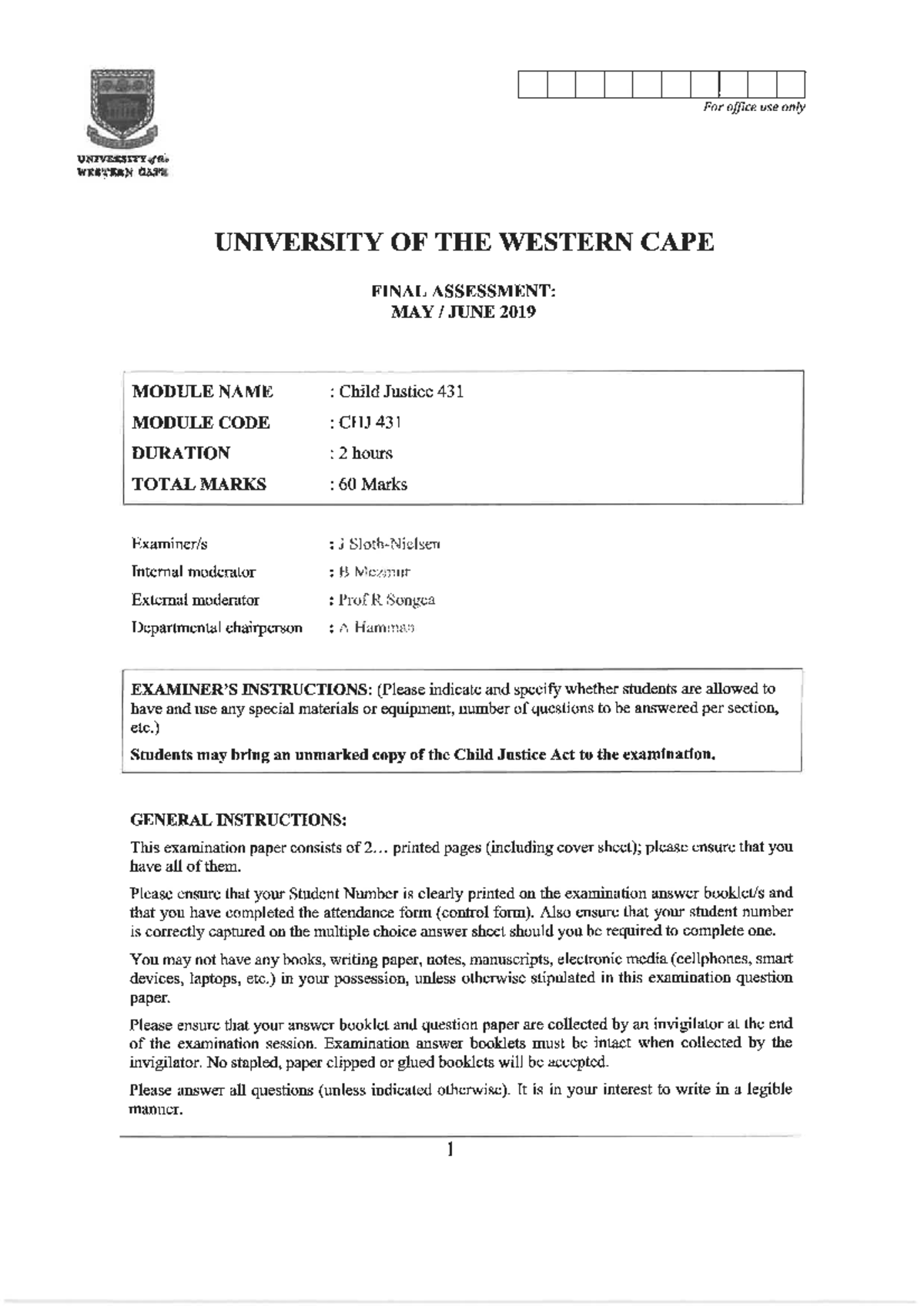 CHJ431 2019 06 F - EXAM QUESTION PAPER - CHJ431 - Studocu