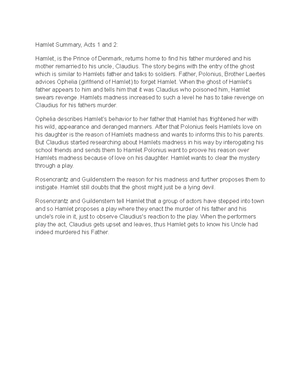 Hamlet Summary - Acts 1 and 2 - The story begins with the entry of the ...