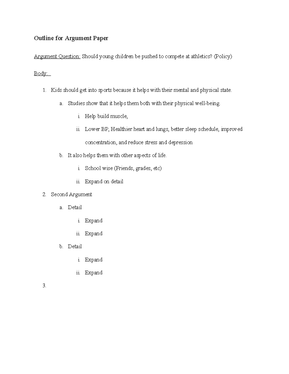 Outline for Argument Paper - Outline for Argument Paper Argument ...
