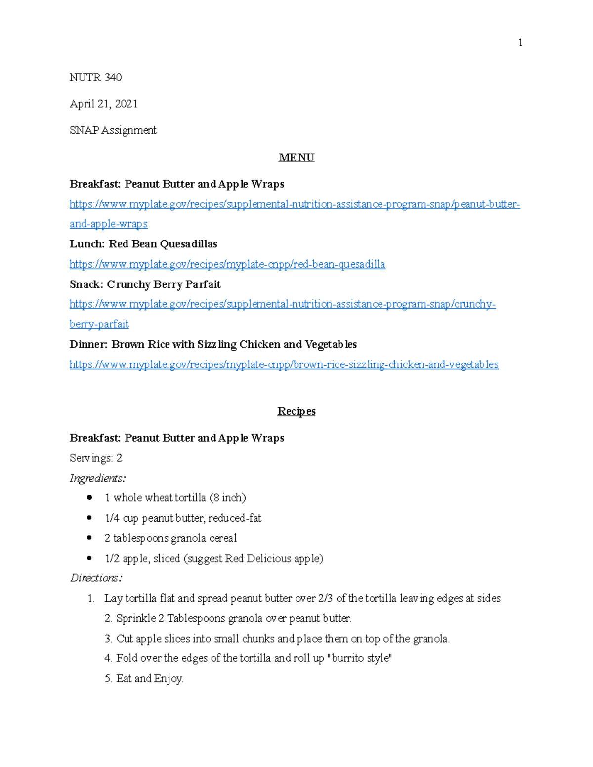 SNAP menu assignment - NUTR 340 April 21, 2021 SNAP Assignment MENU ...