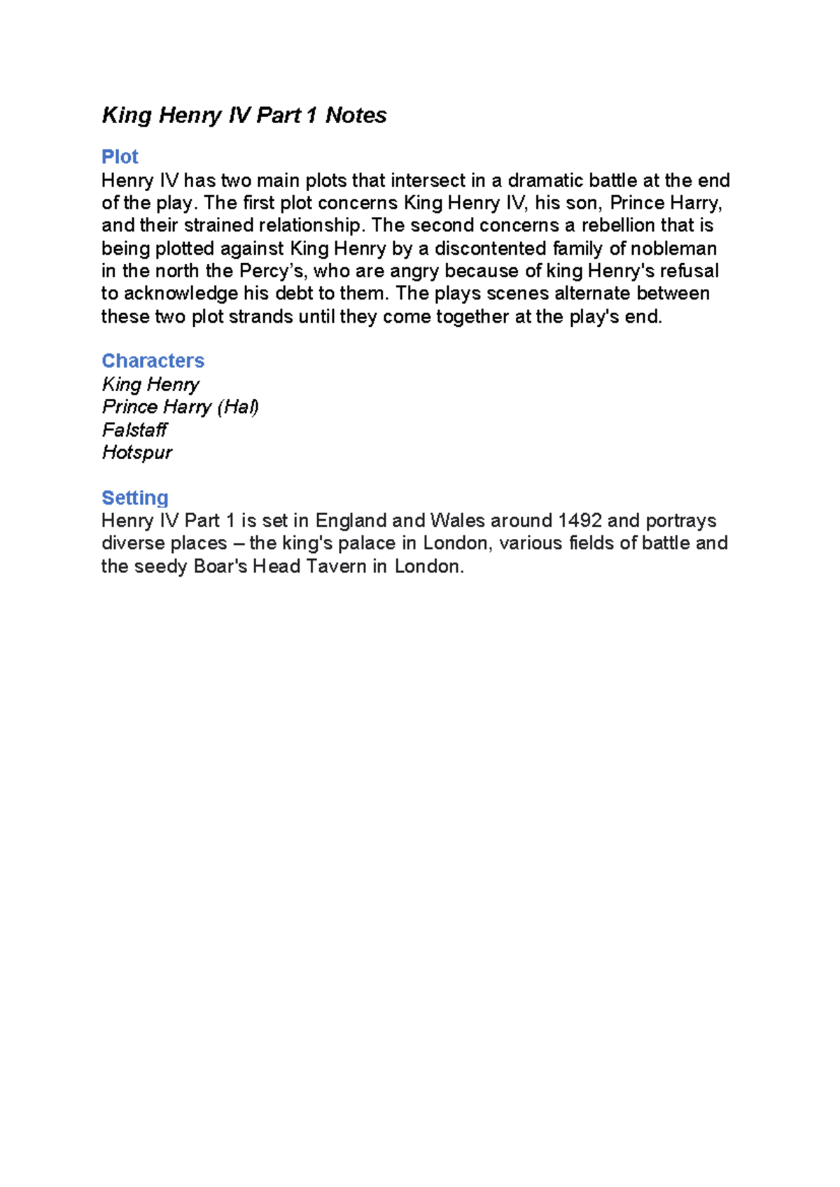King Henry IV Part 1 Notes - King Henry IV Part 1 Notes Plot Henry IV ...