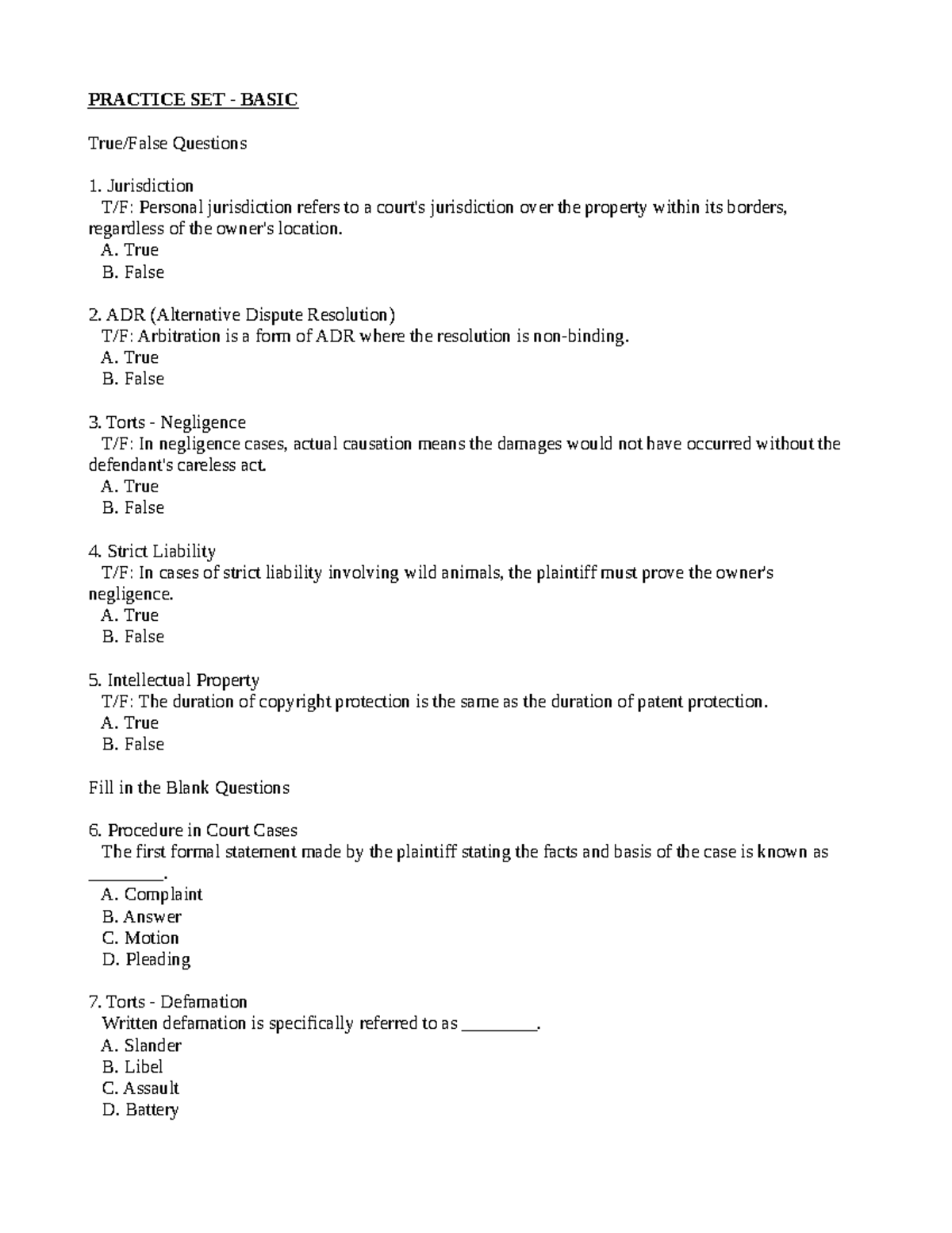 UEH ISB Business Law Final Exam December Sample Questions - PRACTICE SET - BASIC True/False ...