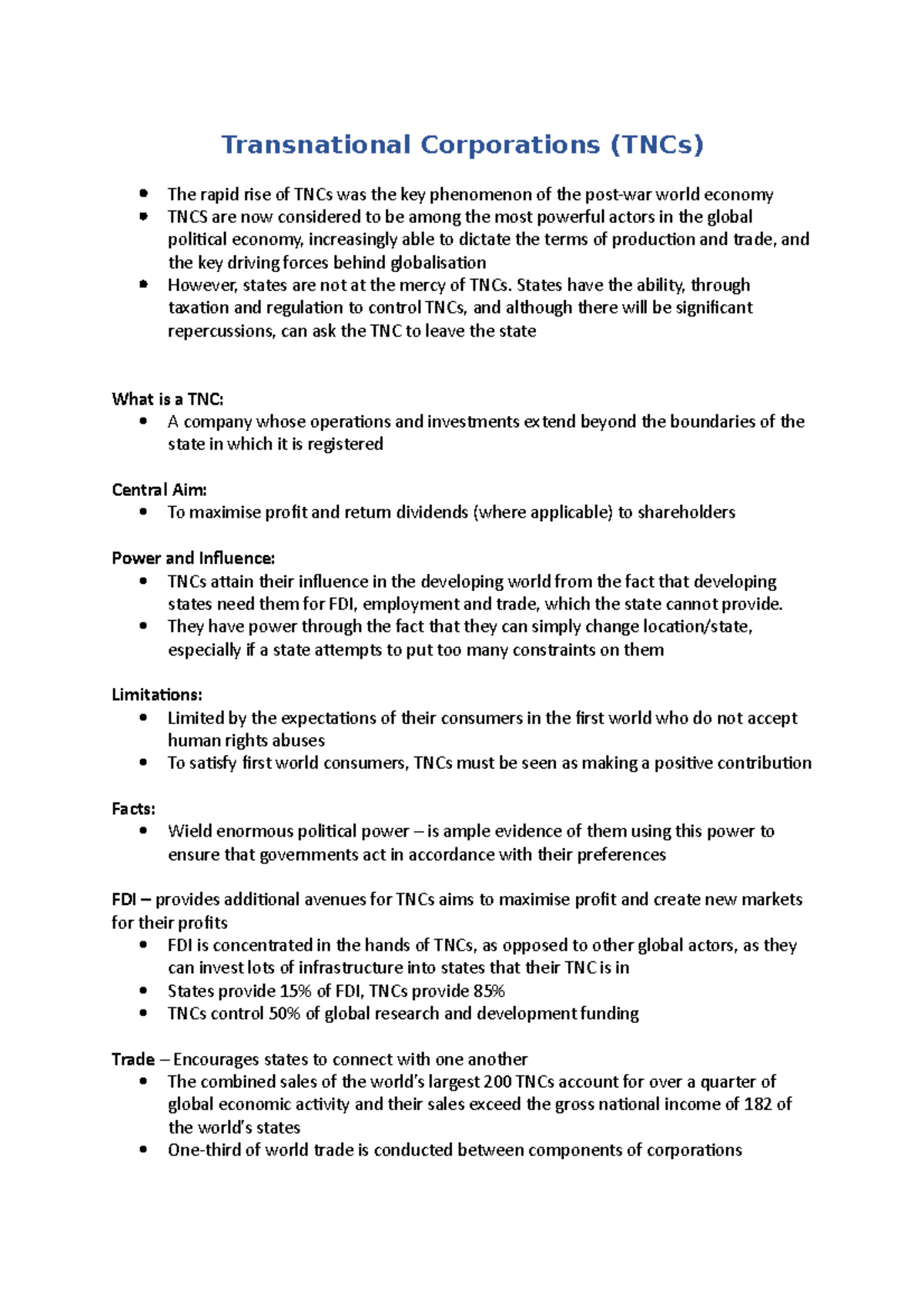 Transnational Corporations Summary - Transnational Corporations (TNCs ...