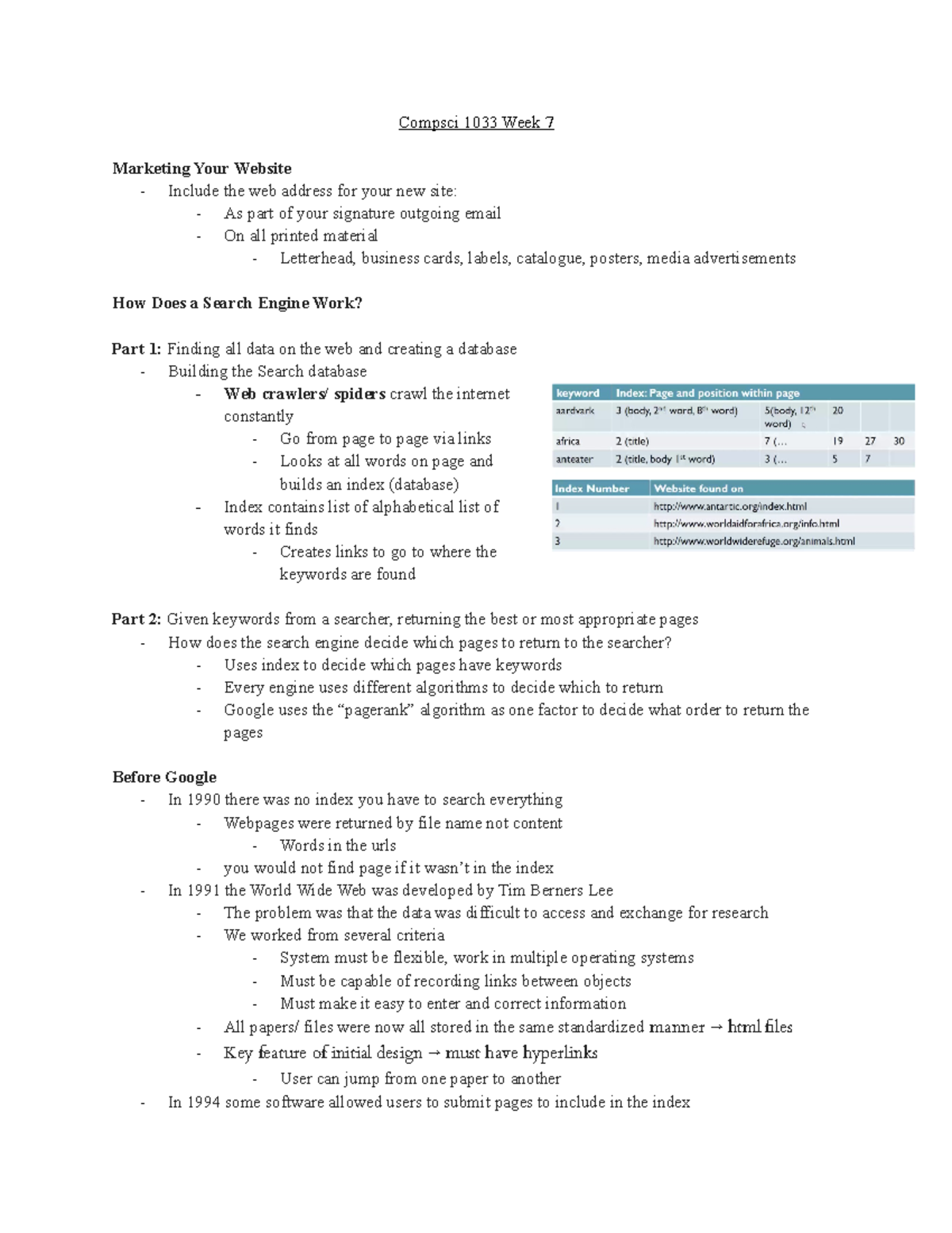 Compsci 1033 Week 7 Notes For Week 7 Compsci 1033 Week 7 Marketing Your Website Include