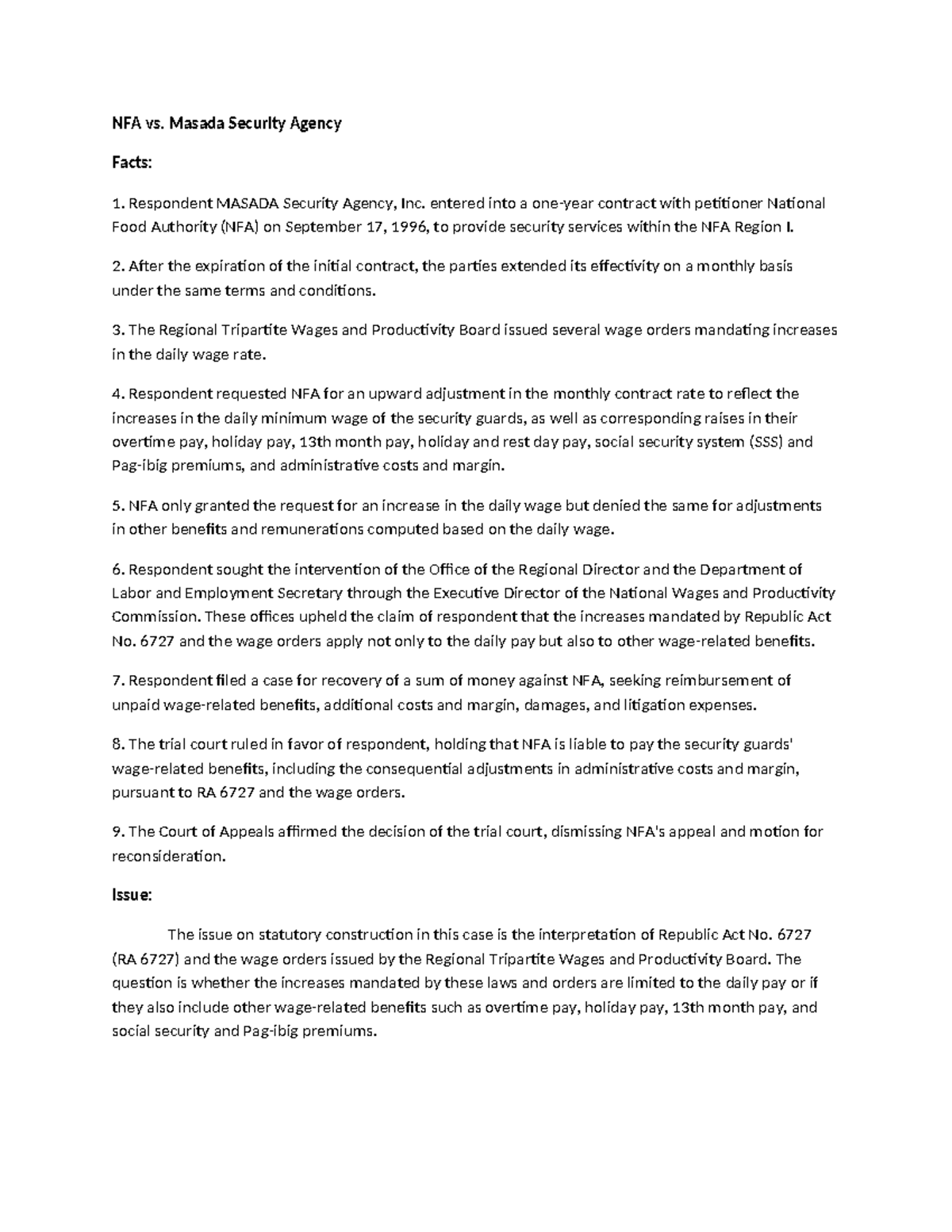 Statcon-Cases-Digested - NFA vs. Masada Security Agency Facts ...