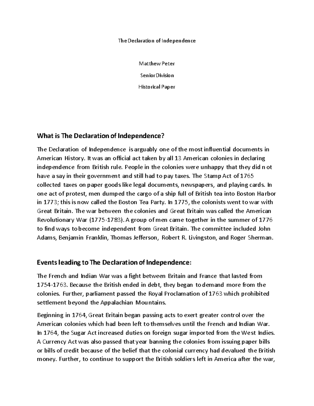 History Fair Project - The Declaration of Independence Matthew Peter ...