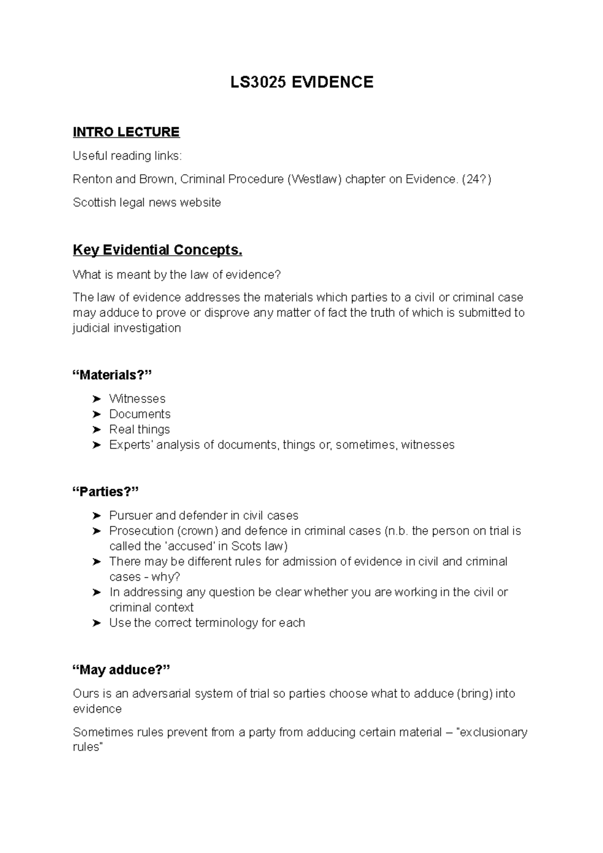 .LS3025 Evidence - Lecture notes 1-30 - LS3025 EVIDENCE INTRO LECTURE ...