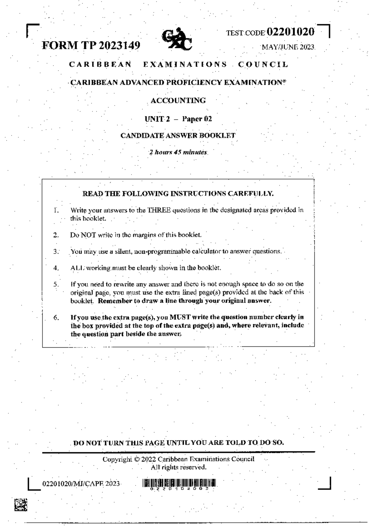 Accounting 2023 U2 P2 Answer Booklet - TEST CODE 02201020 FORM TP ...