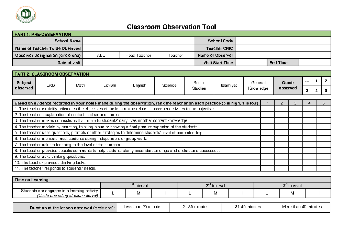 COT Form - ssdg - Classroom Observation Tool PART 1: PRE-OBSERVATION ...