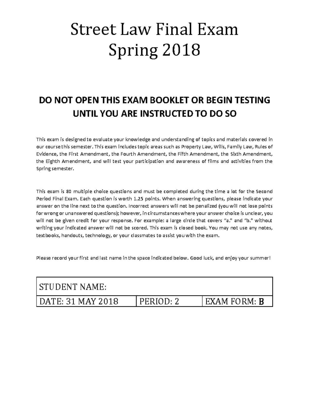 Street law Final Exam B - Blue Paper - Street Law Final Exam Spring ...