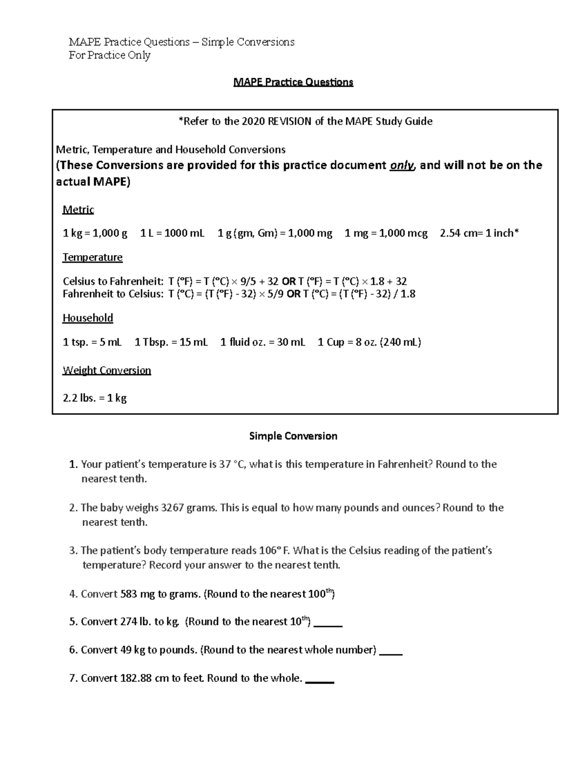 Student MAPE Practice Questions Simple Conversions Summer 2020 - MAPE ...