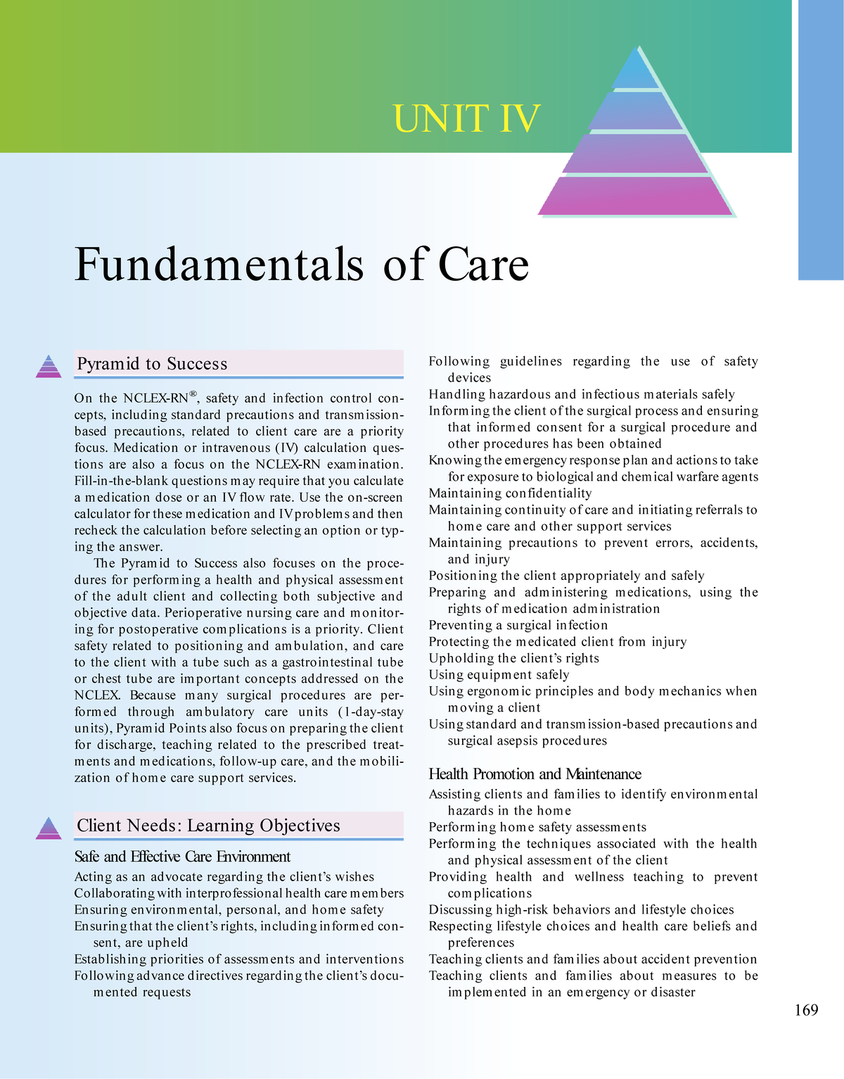 Saunders Fundamentals of Care RN Nclex - UNIT IV Fundamentals of Care ...