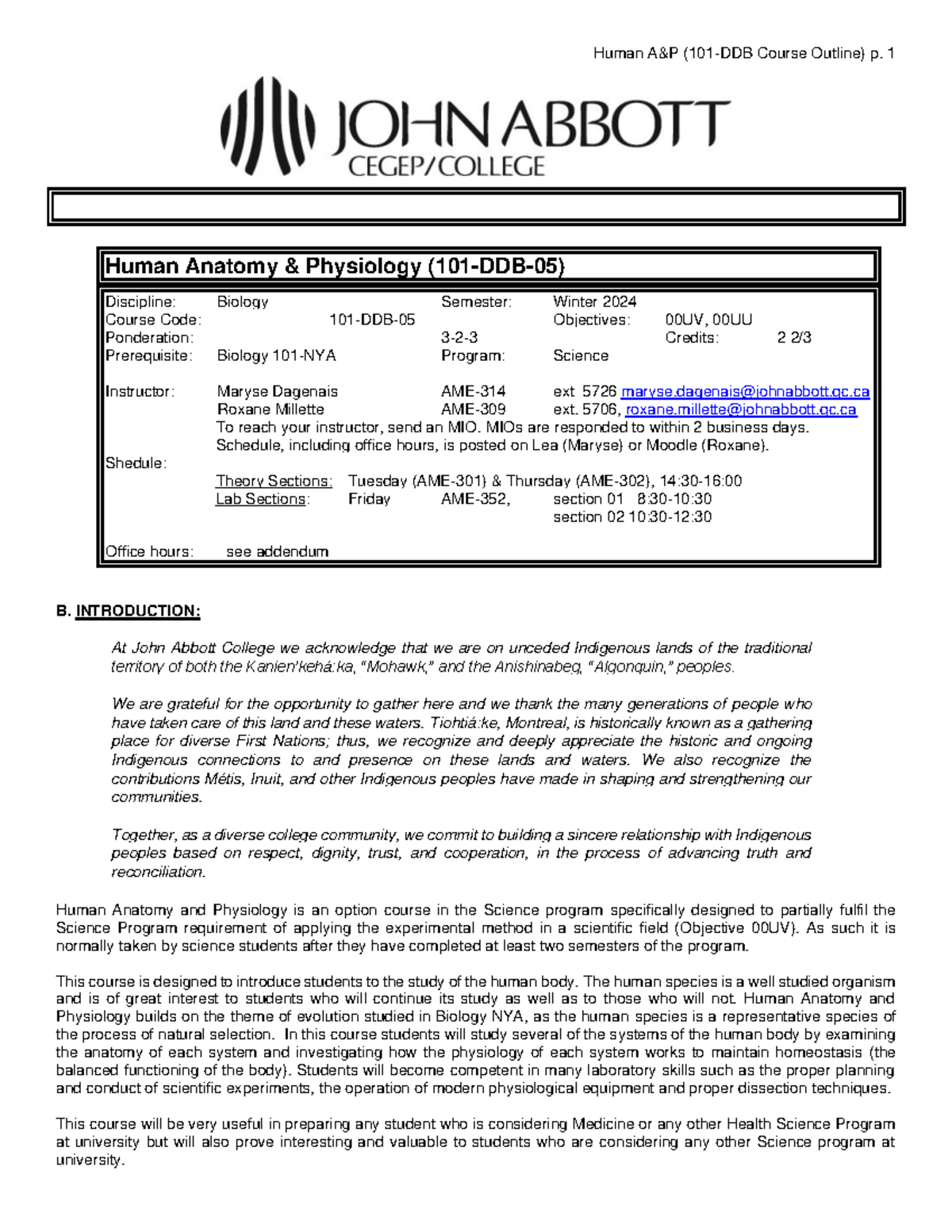 101-DDB.05 - Course Outline - B. INTRODUCTION: At John Abbott College we acknowledge that we are ...