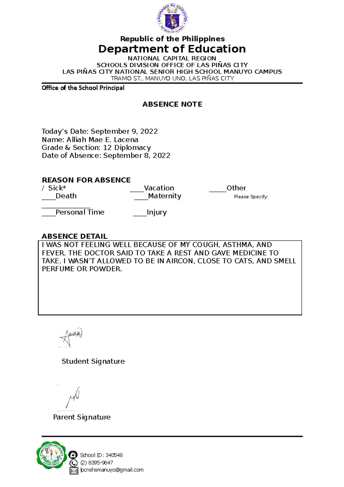 Absence-Note - jajsjsja - Republic of the Philippines Department of ...