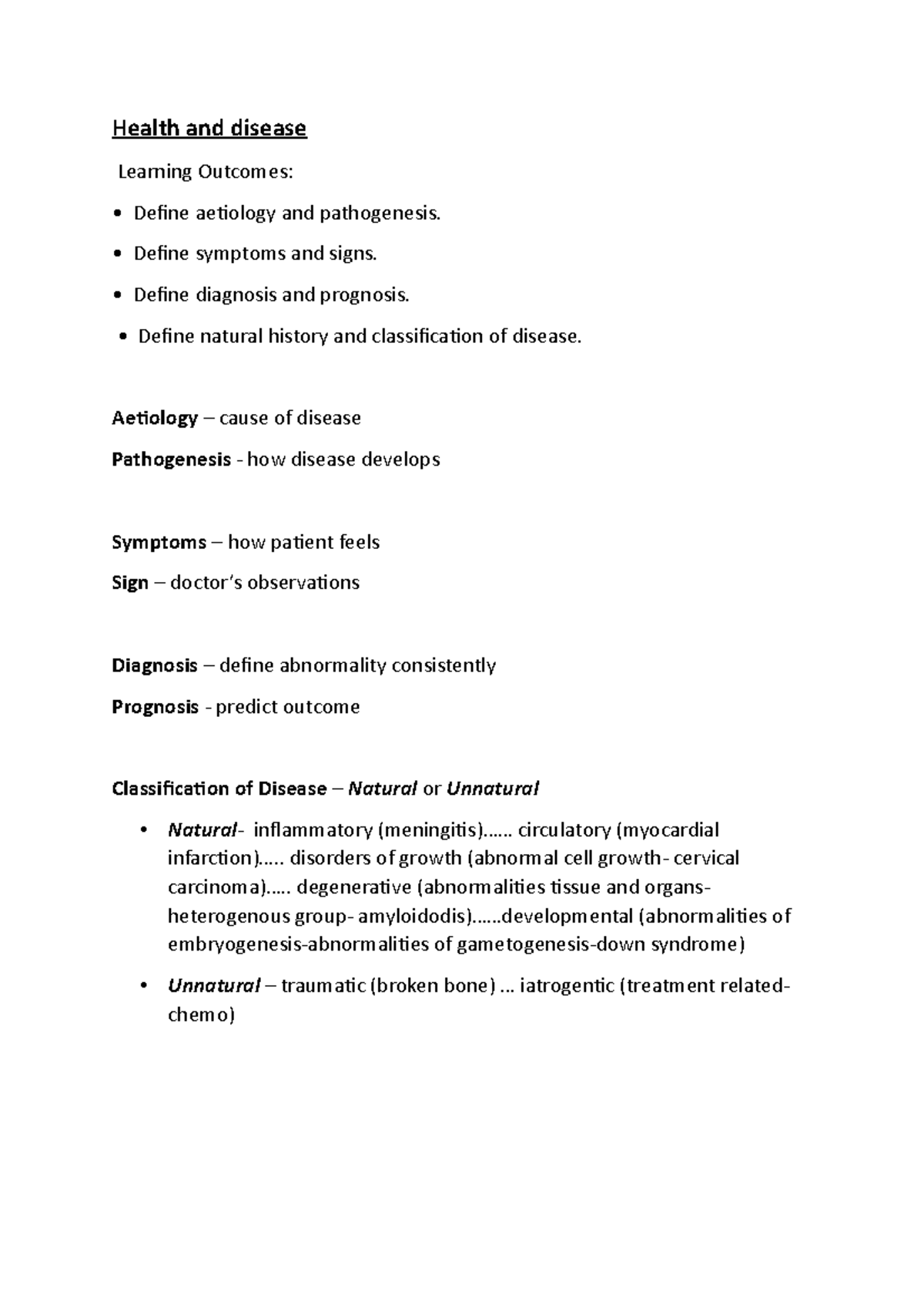Science for human biology Notes - Health and disease Learning Outcomes ...