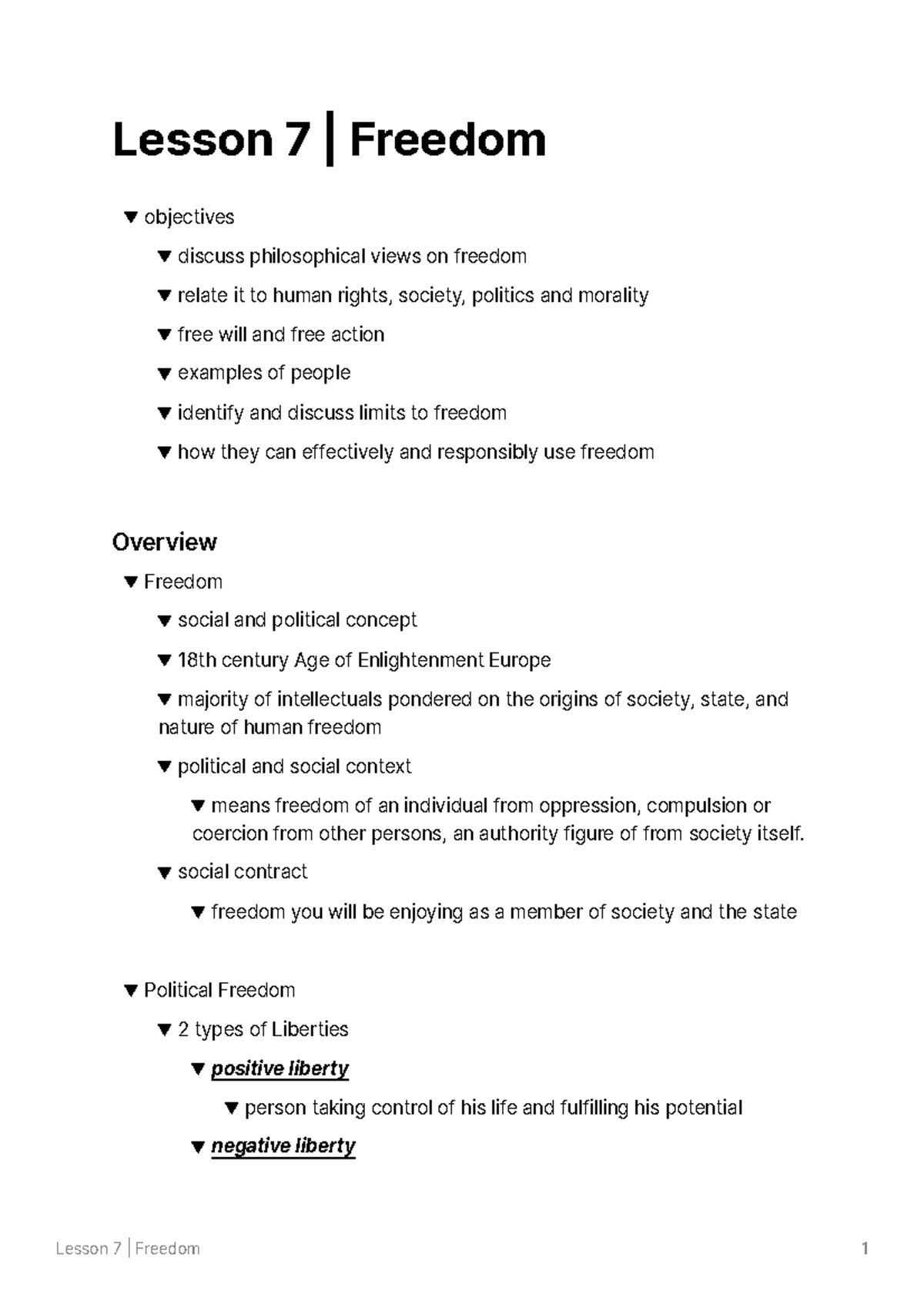 Lesson 7 Freedom - Lesson 7 | Freedom objectives discuss philosophical ...