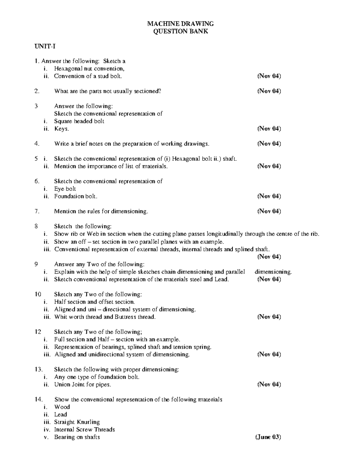 Machine Drawing Question BANK - MACHINE DRAWING QUESTION BANK UNIT-I ...