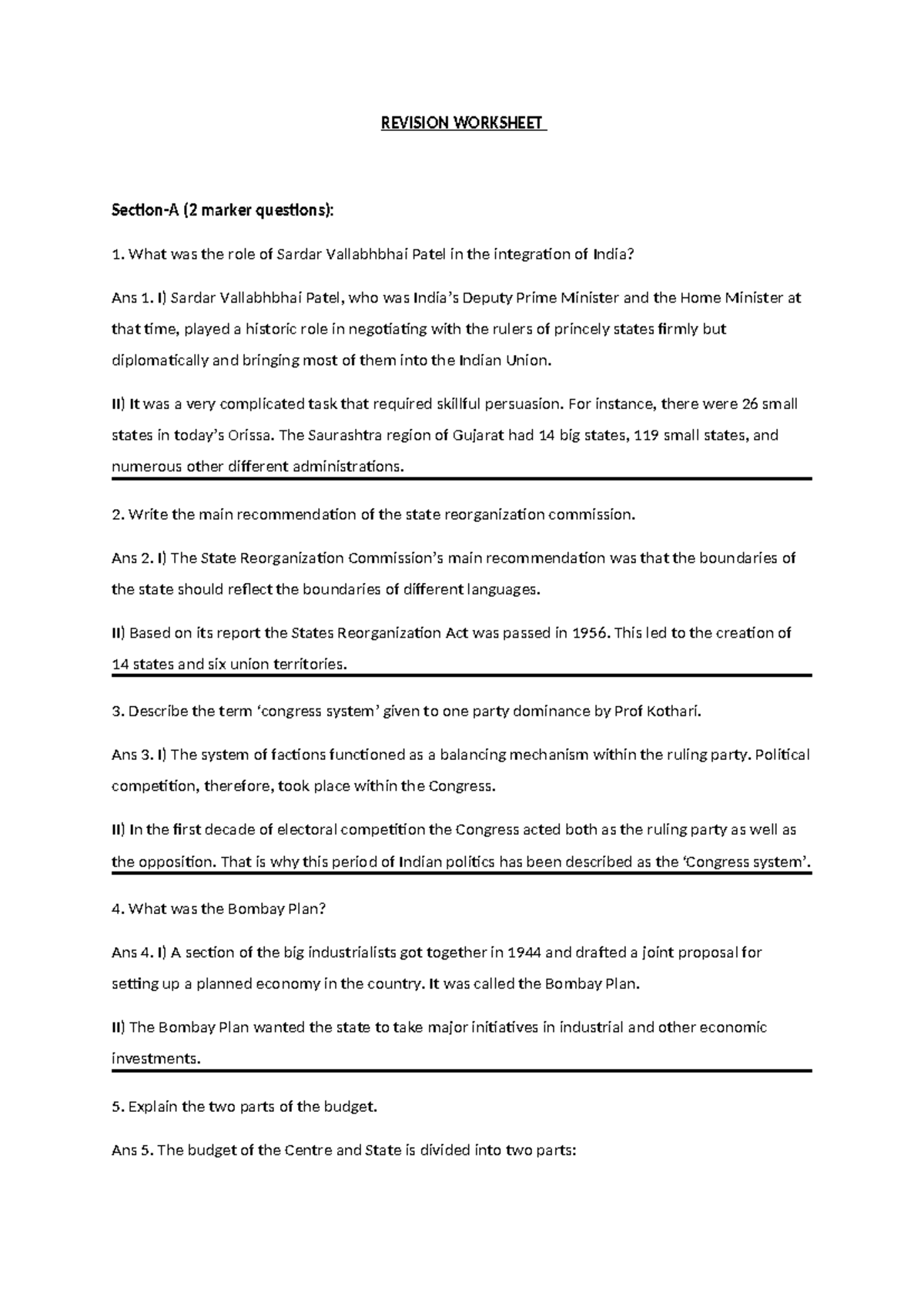Political Science Worksheet - REVISION WORKSHEET Section-A (2 marker ...